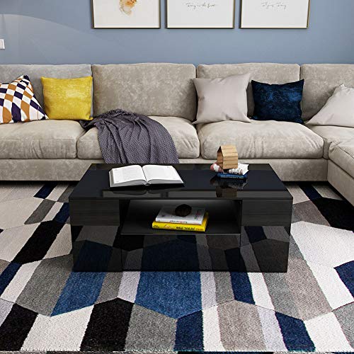 Modern Coffee Table, High Gloss Cocktail Coffee Table Contemporary Glossy End Table Rectangle Design with Drawers and Storage Shelf for Home Living Room Office Furniture, Black