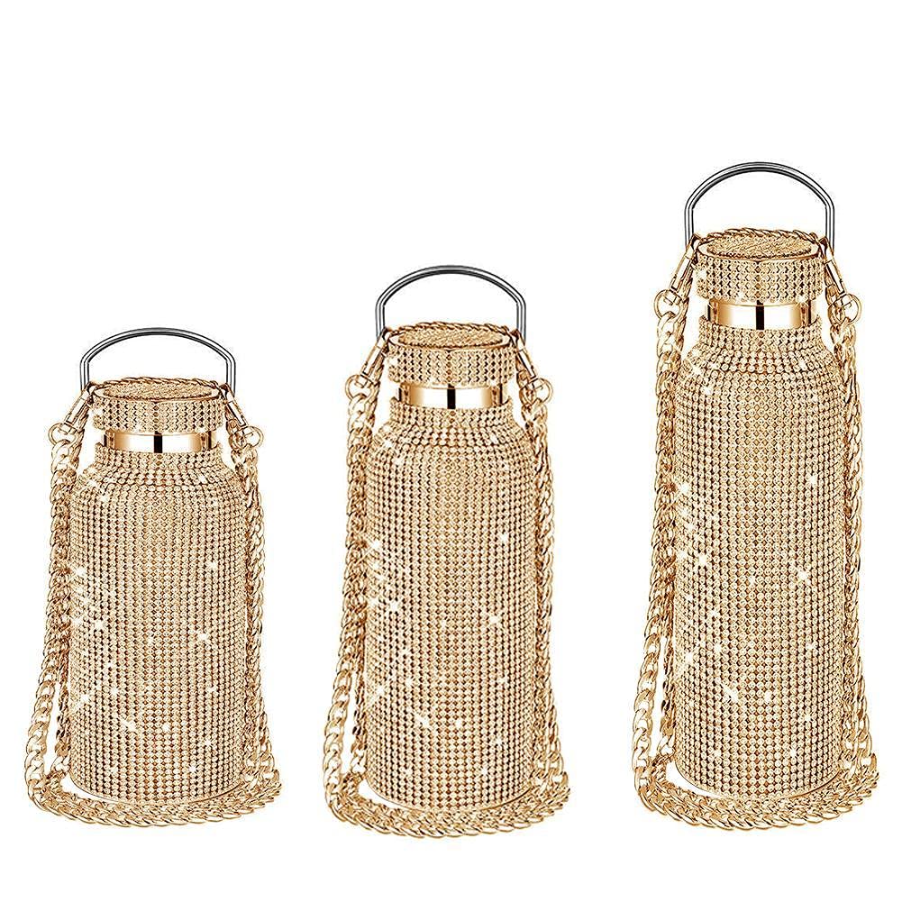 QIANSHENG Bling Diamond Water Bottle Sparkling Glitter Stainless Steel Thermos Bottle Vacuum Flask for Women Refillable Insulated Water Bottle with Chain & Gift Box (Gold,350ml)