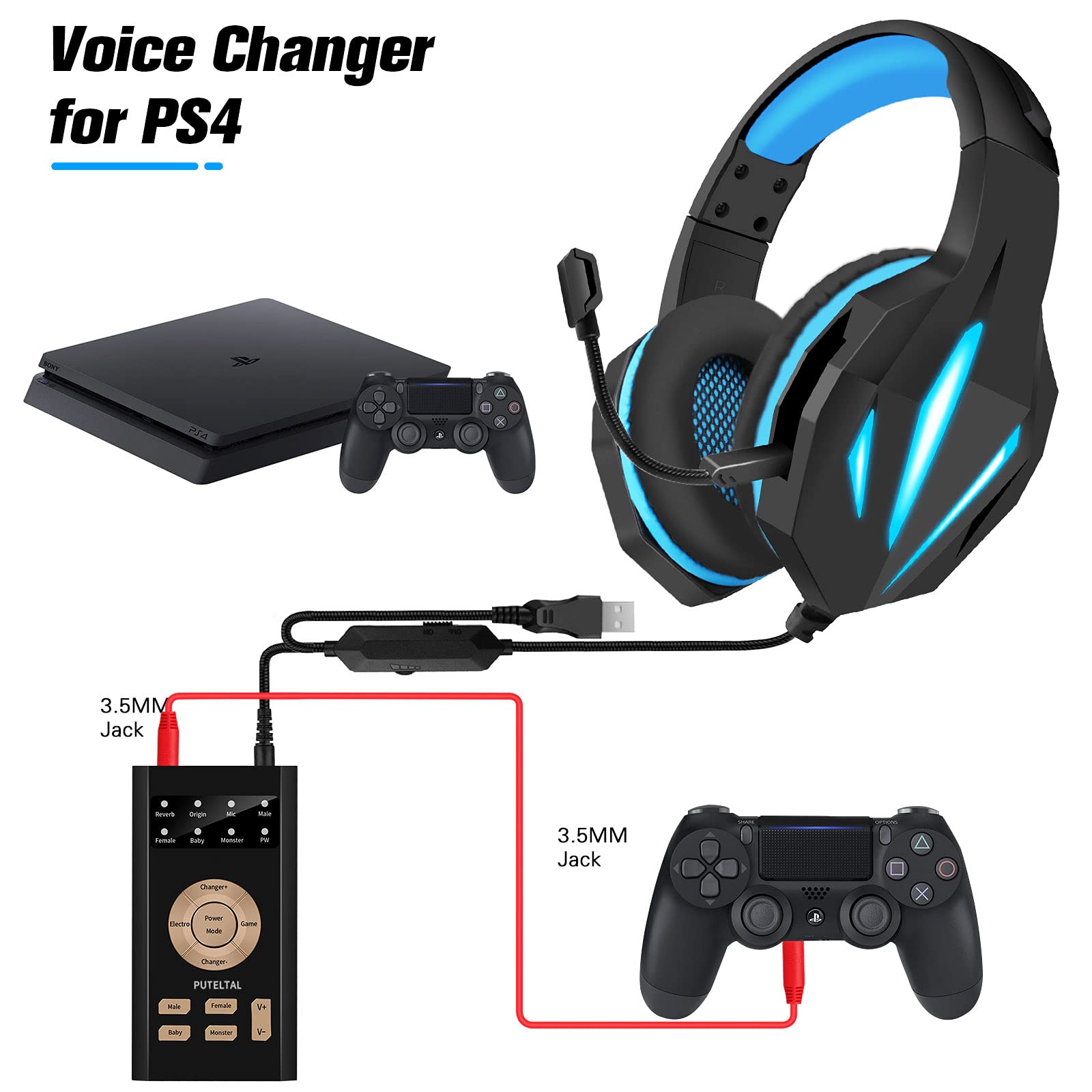 PUTELTAL Adjustable Gaming Voice Changer Disguiser for PS4/Xbox one/S/X/PS5/Computer/Laptop/Smart Phone & More (S-P50-03)