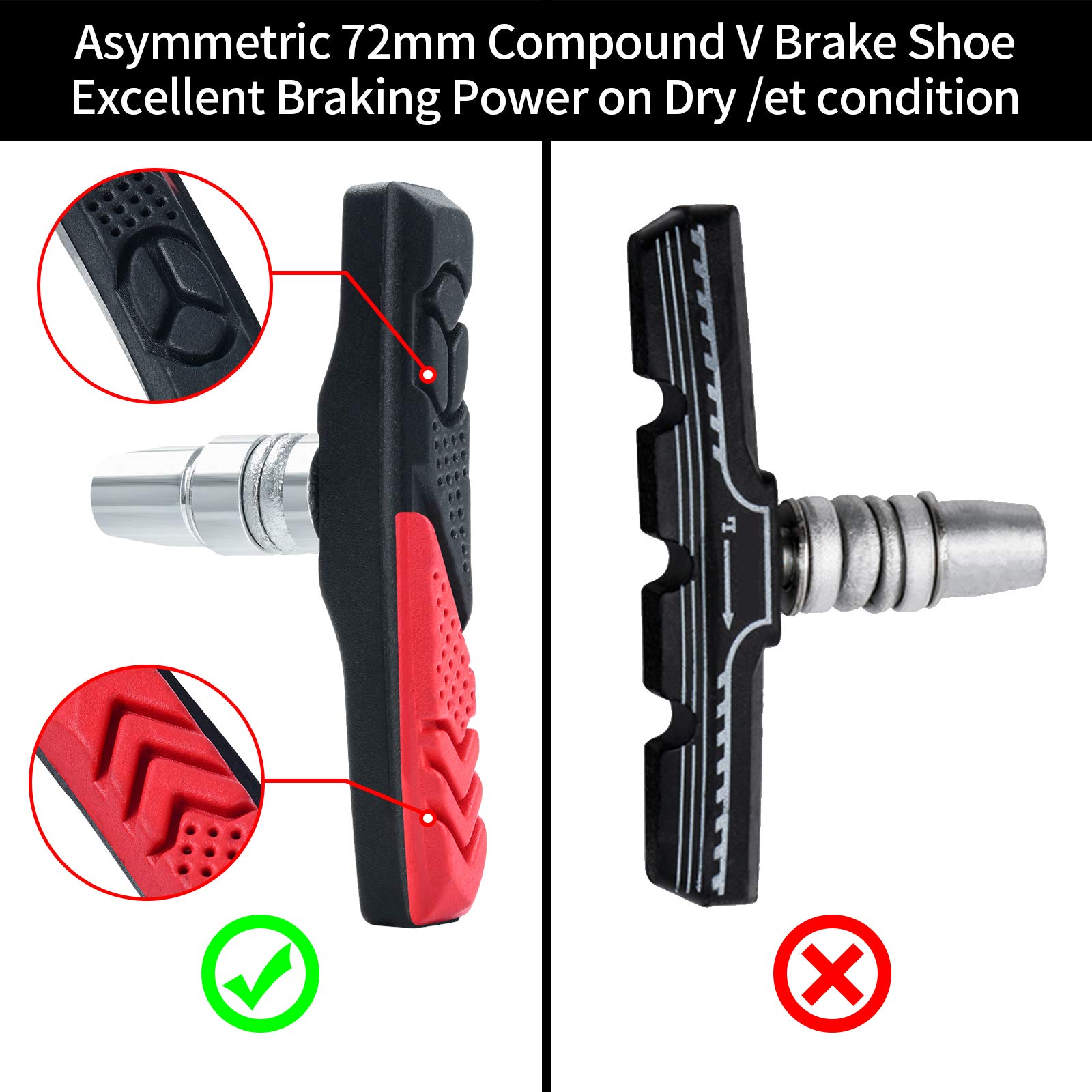 RUJOI 4 Pairs Bike Brake Pads Set,72mm V Brake Shoes with Hex Nuts and Washers, brakes V-Brake Replacement Set for Cruiser MTB Mountain Bicycle