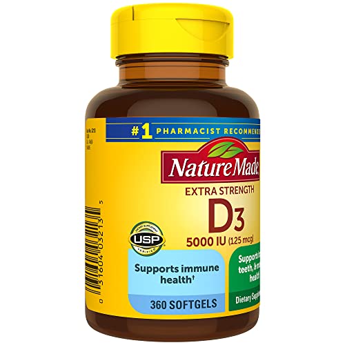 Nature Made Extra Strength Vitamin D3 5000 IU (125 mcg), Dietary Supplement for Bone, Teeth, Muscle and Immune Health Support, 360 Softgels, 360 Day Supply