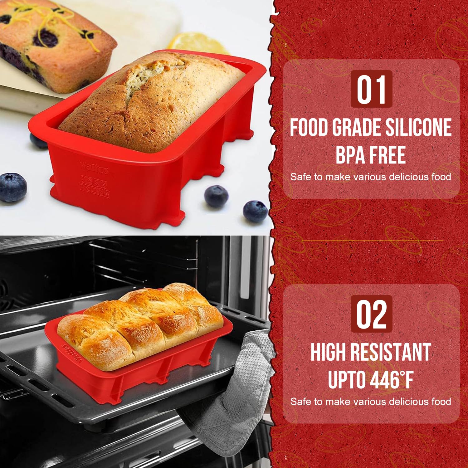 Walfos Silicone Bread Loaf Pan,9 x 5 inch Non-Stick Silicone Loaf Pans For Baking Set of 2,Perfect For Bread, Cake, Meatloaf, BPA Free and Dishwasher Safe