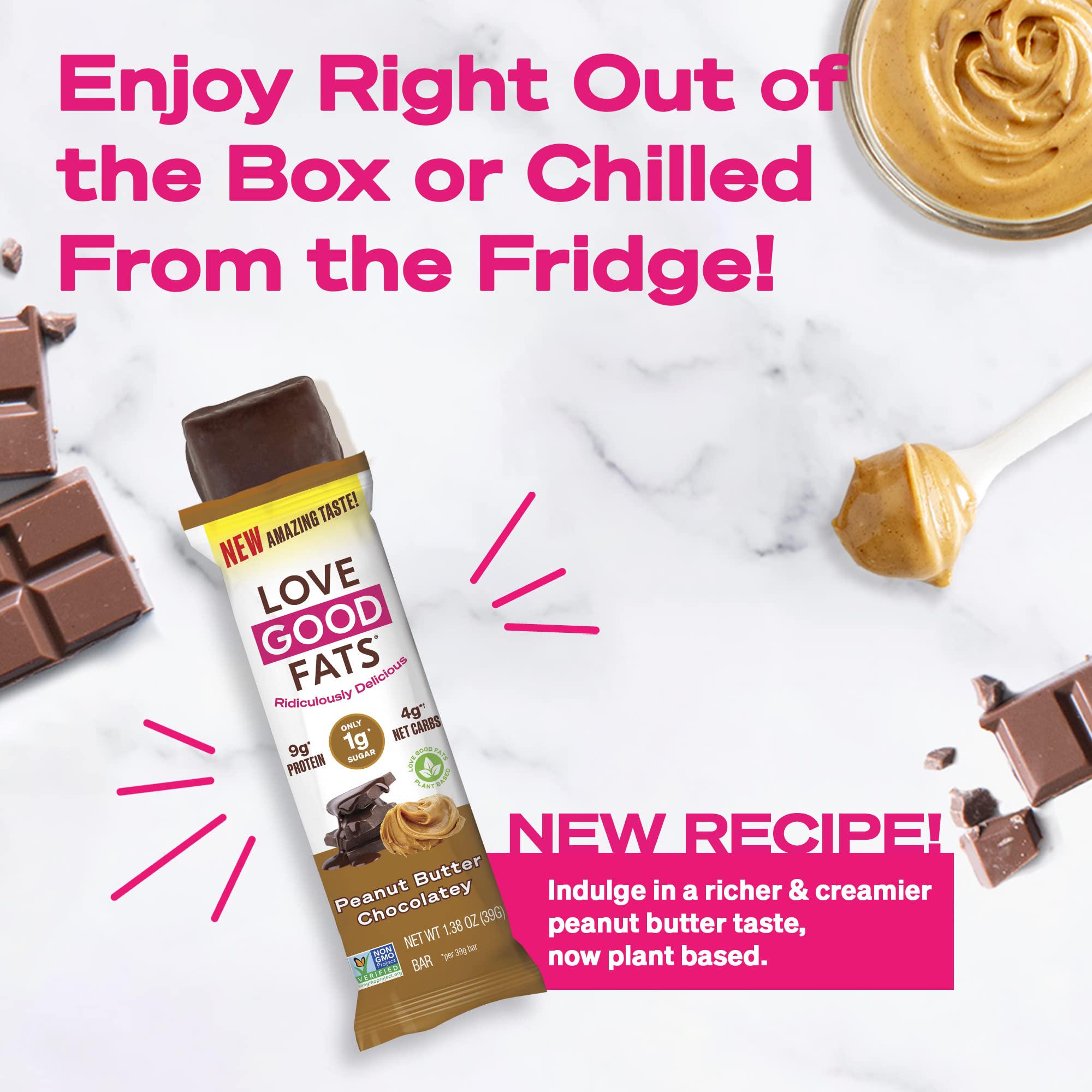 Love Good Fats Mint Chocolate Chip and Truffle Peanut Butter Chocolate - Plant-Based Protein Snack, Low Carb, Low Sugar, Gluten Free, Non GMO, 12 Pack