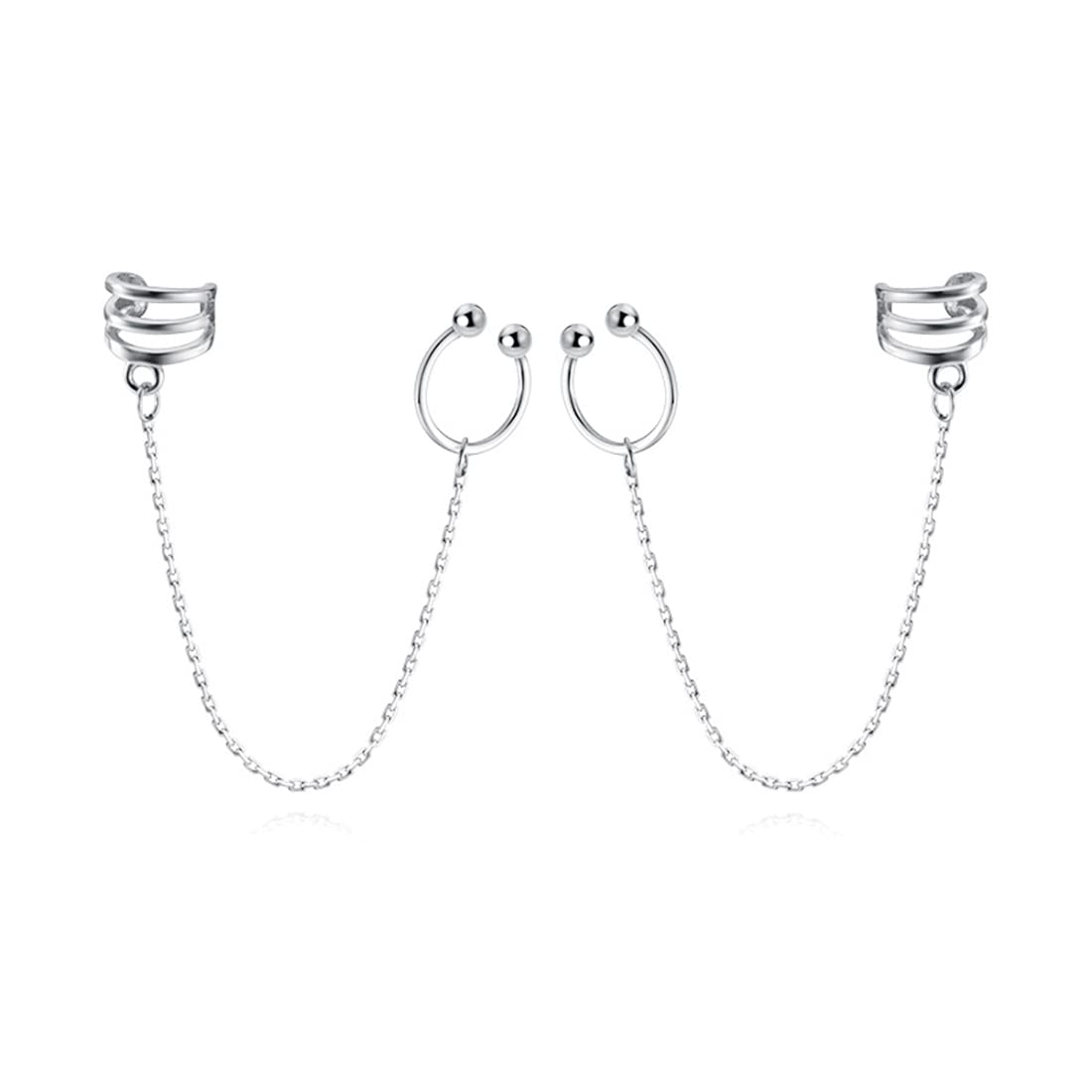 Reffeer Solid 925 Sterling Silver Cuff Chain Earrings Wraps for Women Wrap Earrings Non Piercing Ear Cuffs (A-Silver)