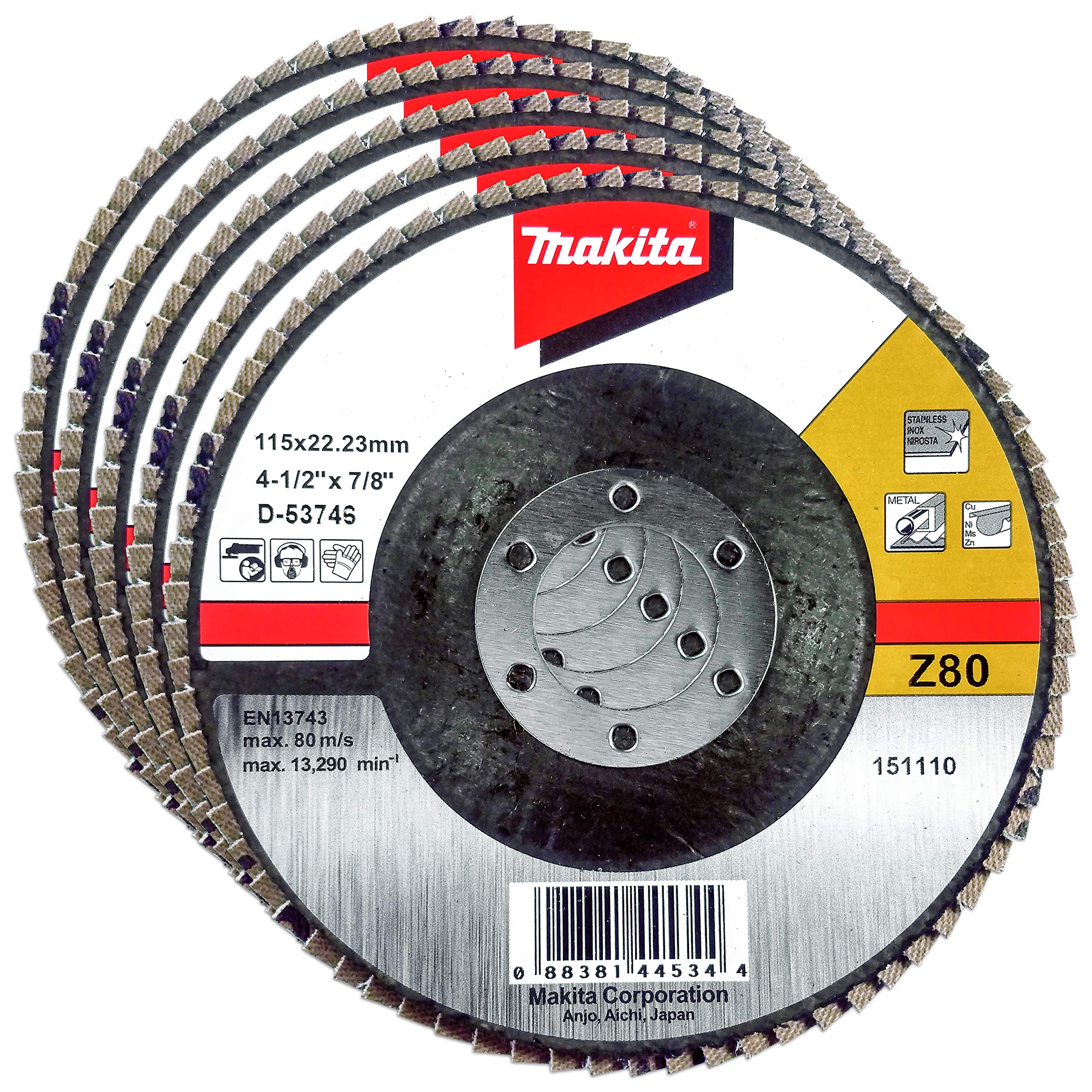 Makita® 5 Pack - 80 Grit Flap Disc For Grinders - Balanced Conditioning For Metal, Stainless Steel & Non-Ferrous - 4-1/2" x 7/8-Inch | Z80 Angled