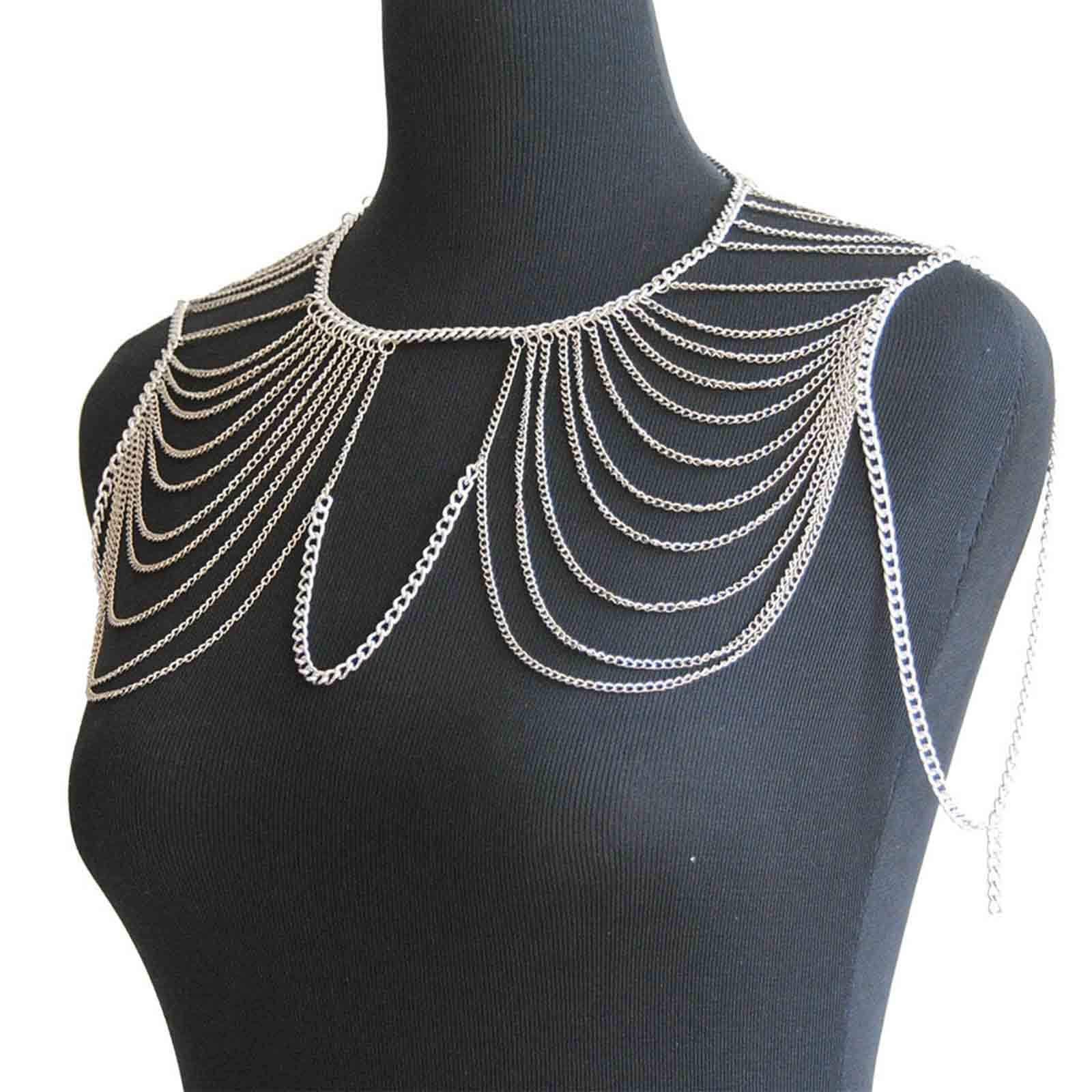 Olbye Shoulder Chain Layering Tassels Link Harness Necklace Silver Shoulder Harness Chain Wrap Summer Beach Sexy Body Jewelry for Women