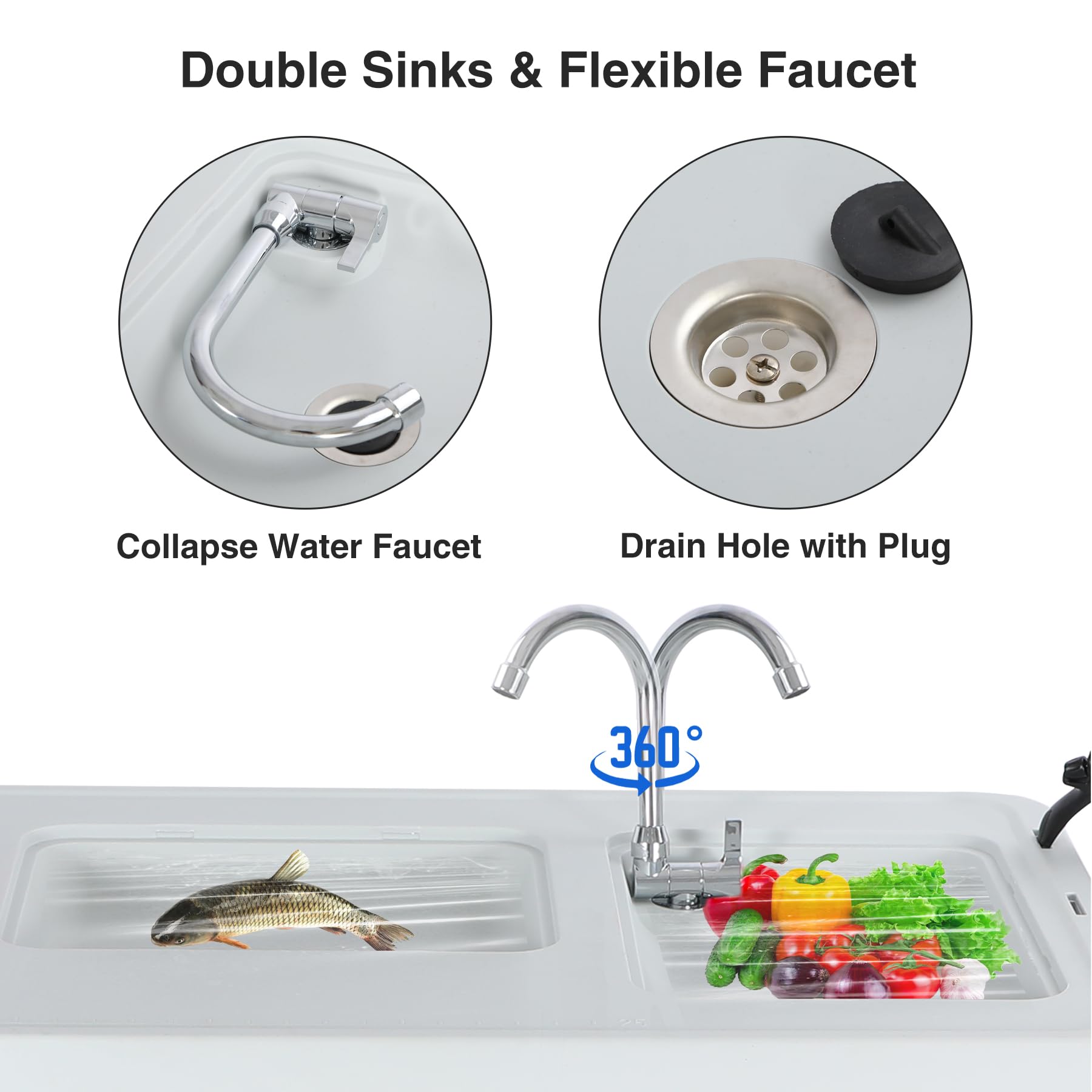 REDCAMP 39.4" Folding Fish Cleaning Table with Double Sink & Faucet, Portable Outdoor Fish Fillet Cleaning Station for Camping or Kitchen