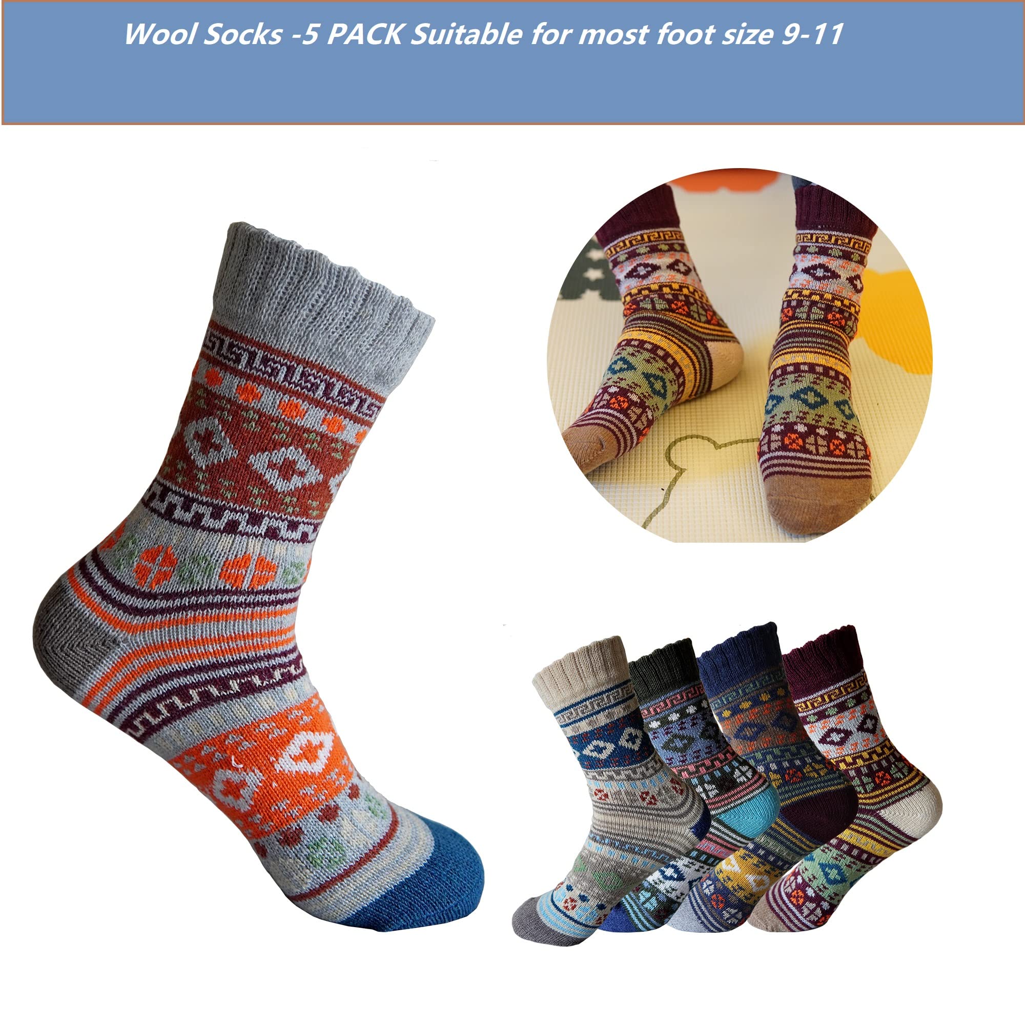 Norther30° 5 Pairs Women Winter Socks Cotton Soft Breathable Wool Socks for Men or Women Warm Thick Crew Socks