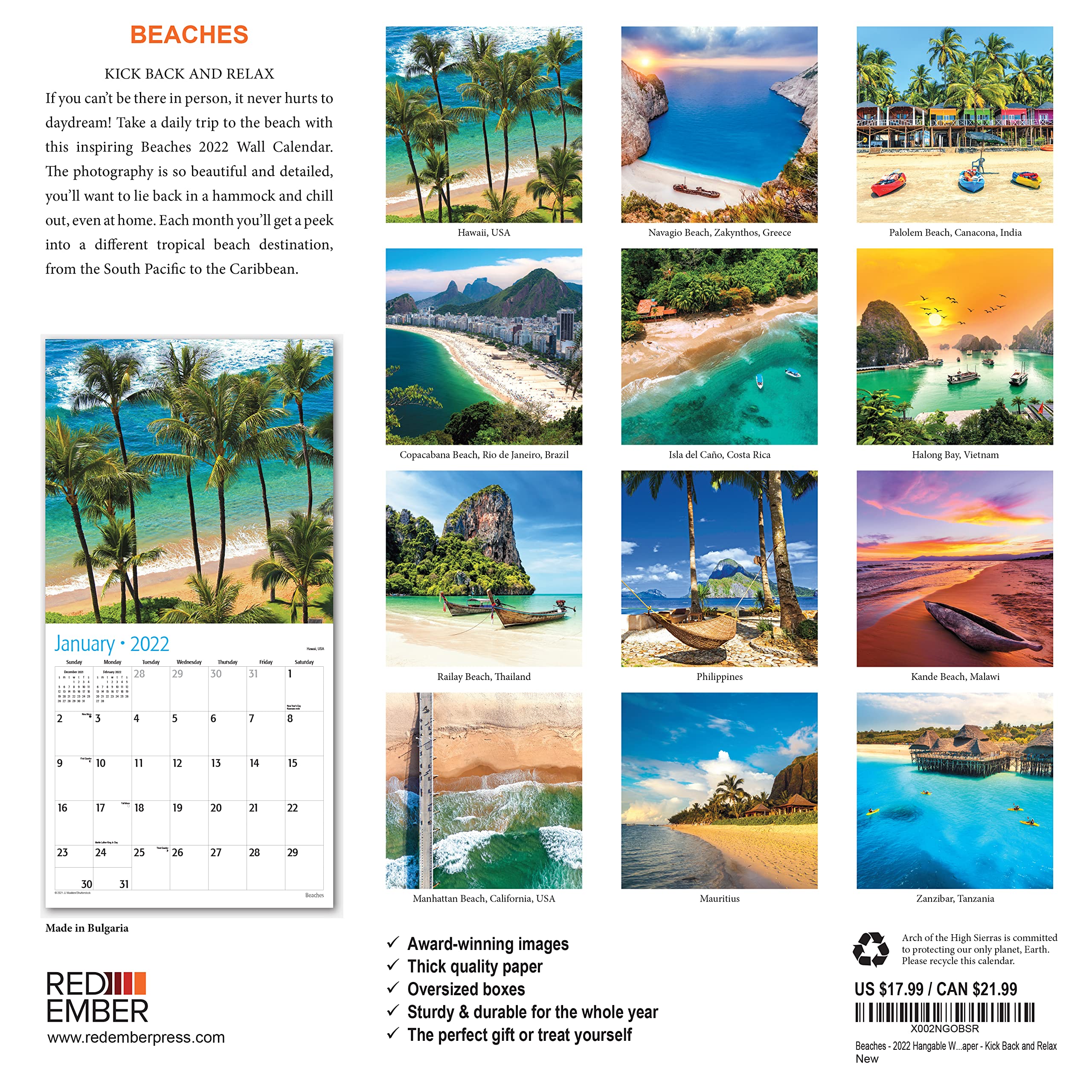 RED EMBER Beaches 2022 Hangable Wall Calendar - 12" x 24" Opened - Thick & Sturdy Paper - Giftable - Kick Back and Relax