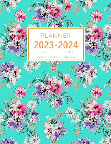 Planner July 2023-2024 June: 8.5 x 11 Large Notebook Organizer with Hourly Time Slots | Colorful Sketched Flower Design Turquoise
