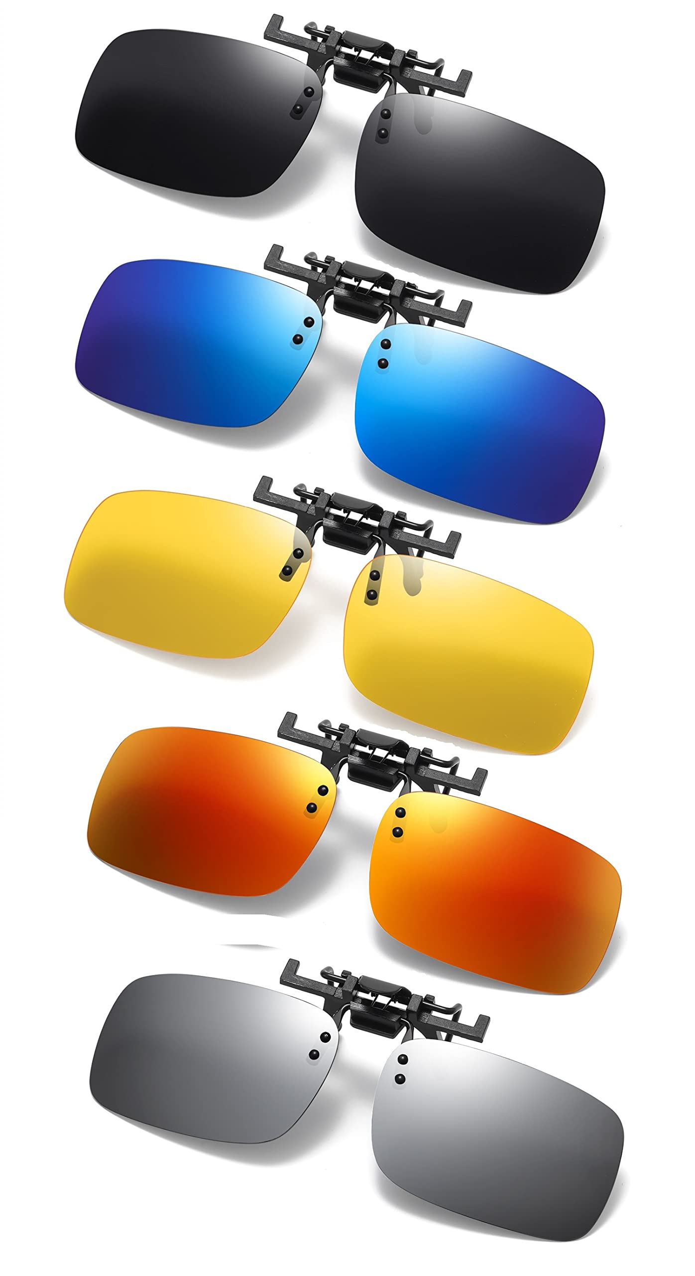 RuiJinGen 5 Pack Clip on Flip up Polarized Lens For Prescription Glasses, 100% UV Protection Sunglasses N44 (YellowBlueGreyRedSilver)…