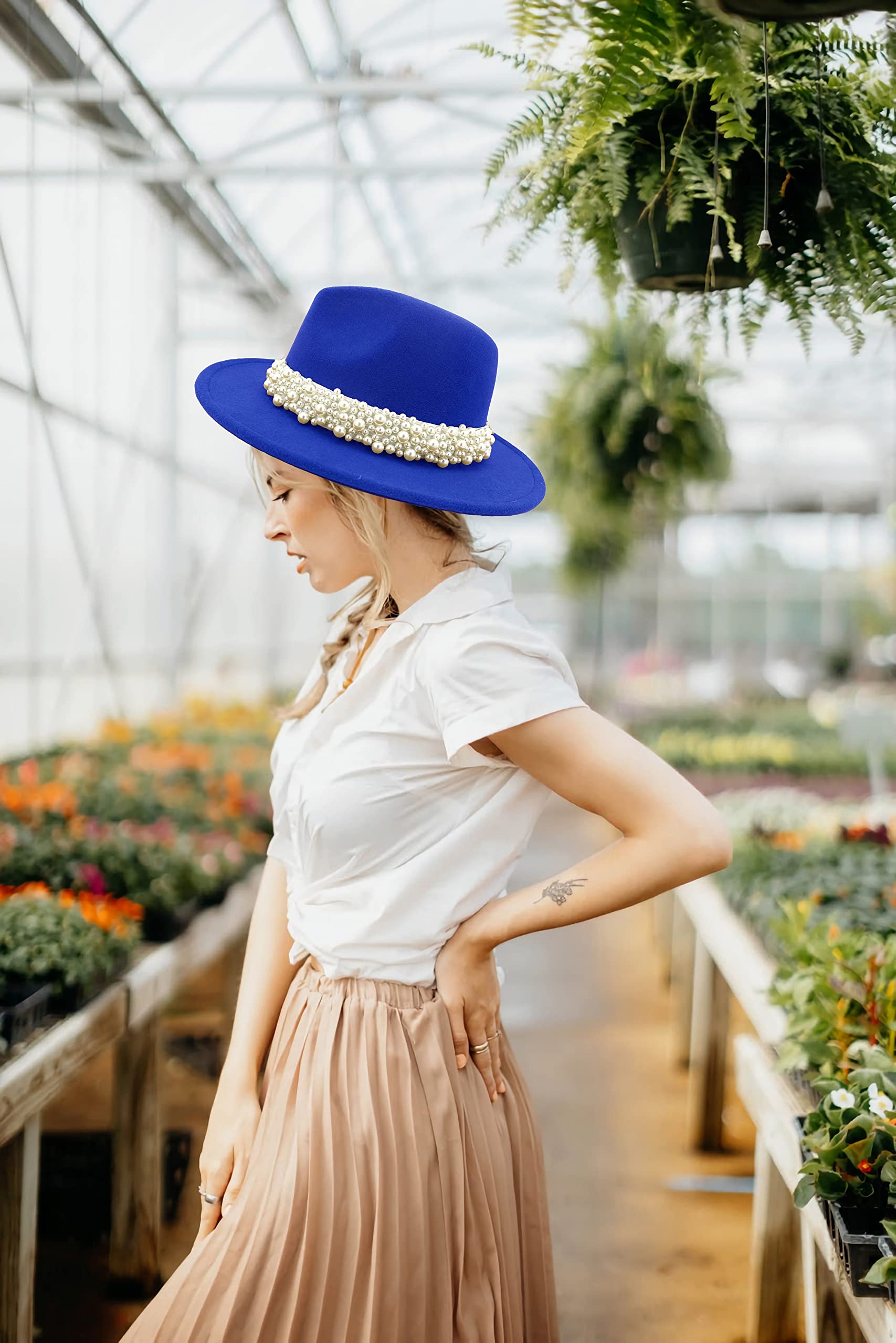 Qkrlamx Black Fedora Hats for Women Wool Panama Hat with Pearl Band Wide Brim Felt Hat Classic Trilby Hat Blue