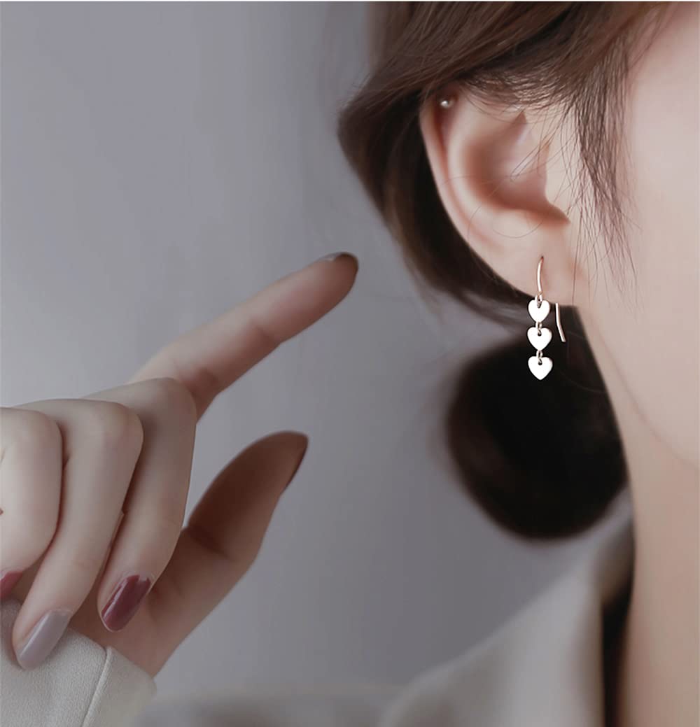 Reffeer Solid 925 Sterling Silver Love Heart Drop Earrings for Women Teen Girls Sweet Heart Dangle Earrings Hook Earrings (A-Silver)