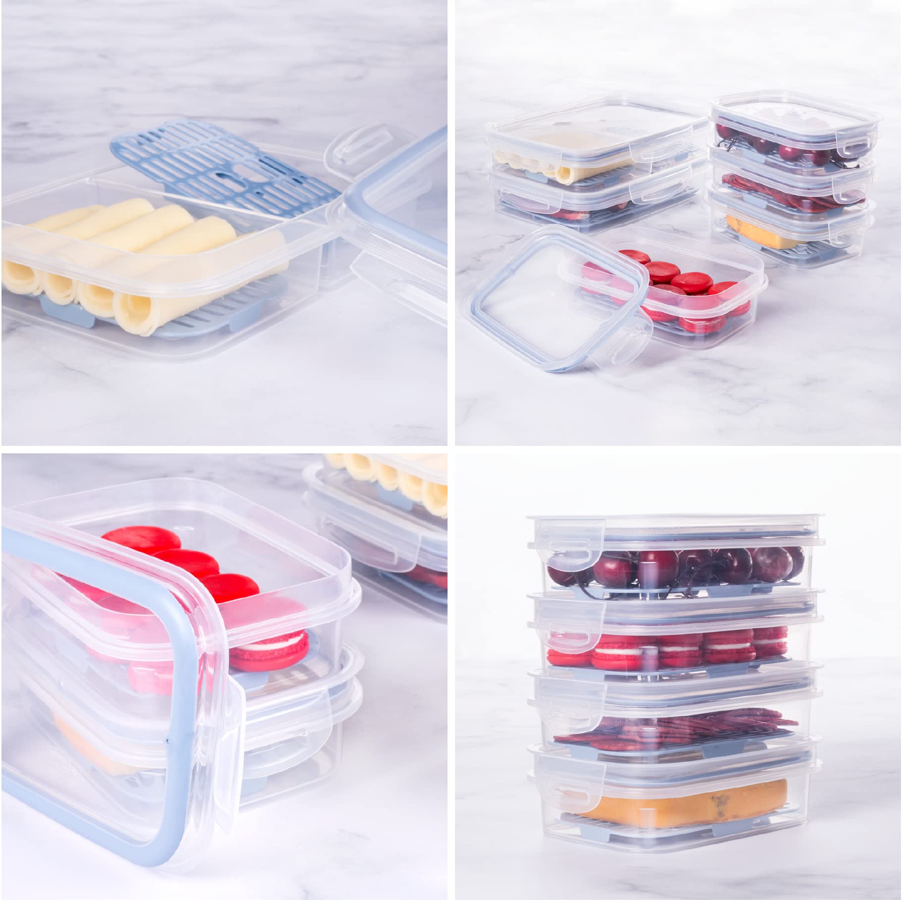 Set of 3/6 Hermetic Plastic Food Storage Containers Airtight Stackable Leakproof β Deli Meal Prep Container for Fridge - Ideal for Fruits, Bacon, Cheese, Veggies, and More - BPA Free (Blue x 6)