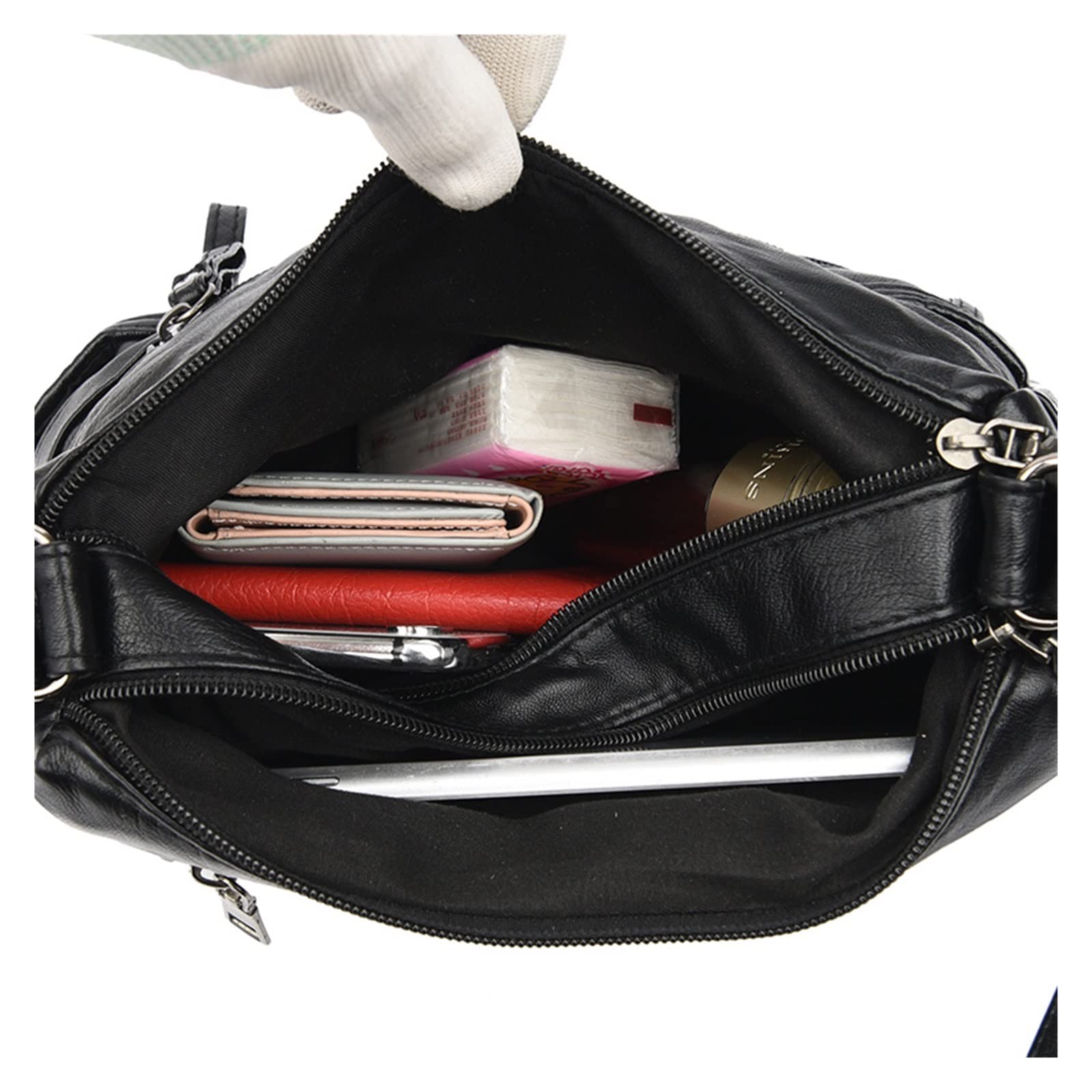 Tuoig Women Shoulder Bag PU Leather Crossbody Bag Multi-Pockets Messenger Bag Flower Patchwork Leather Purse Soft Handbag (Color : Black)
