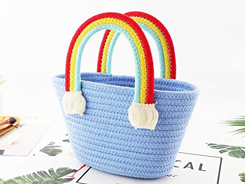 QTK Beach Tote Handmade Cotton Woven Rainbow Bag, Summer Beach Bags for Women, Color Tassel Rainbow Handle(Blue)