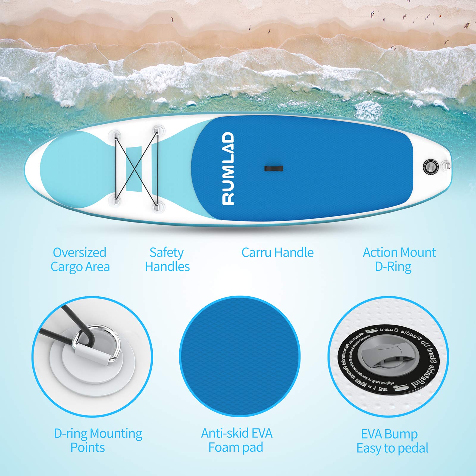 Rumlad Inflatable Stand Up Paddle Board 4 Inches Thick with One-Way Sup Dedicated Pump&Backpack,Adjustable Special Pulp,Simple Foot Rope,Waterproof Cell Phone Bag,Youth & Adult,630c Blue