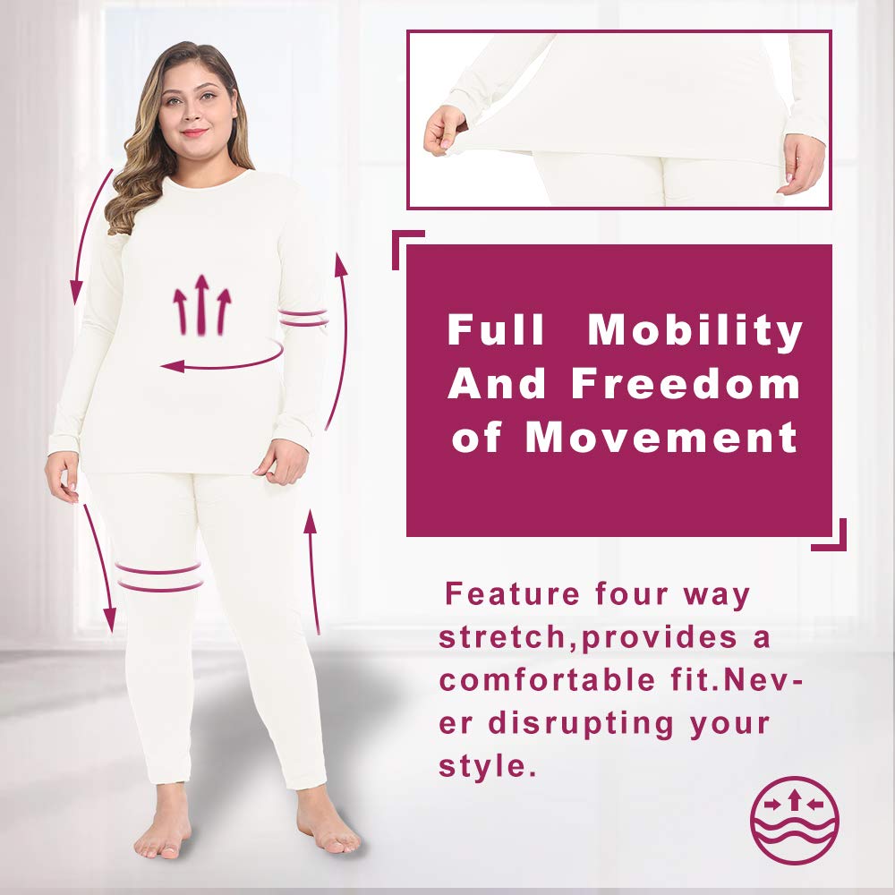 Nuonita Thermal Underwear for Women Plus Size Long Johns Set Fleece Lined Base Layer Top & Bottom 4XL White