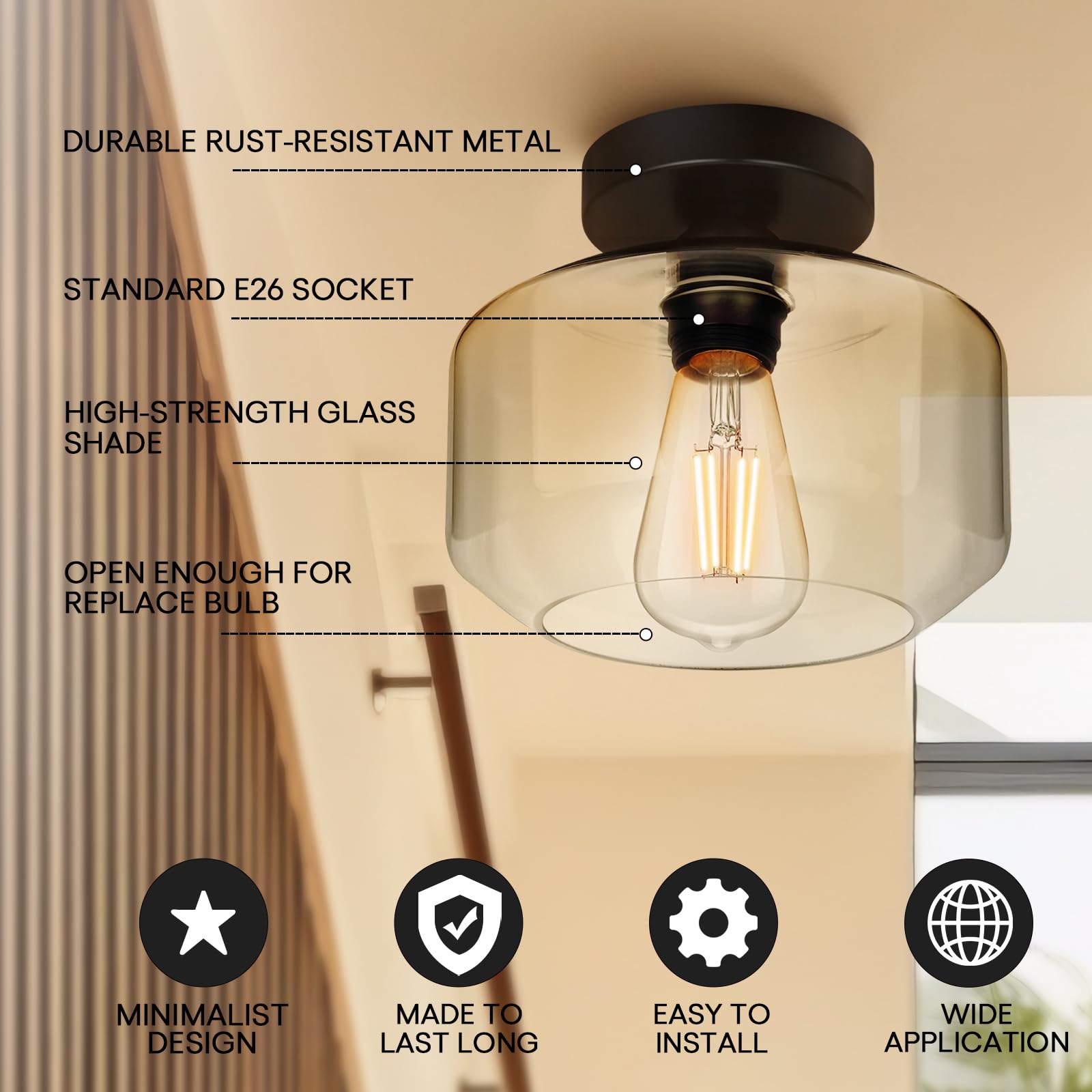 Modern Industrial Semi Flush Mount Light Fixture with Clear Glass Shade - Pendant Lights for Dining Room, Kitchen, Bedroom and Hallway