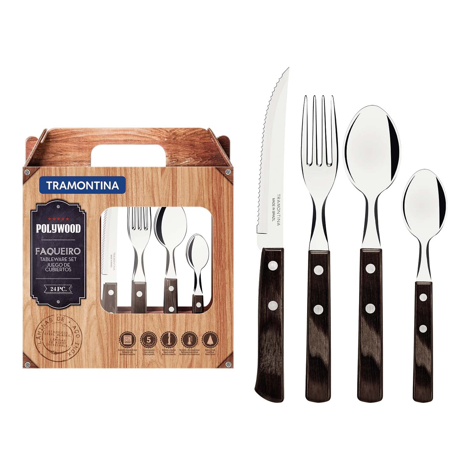 Tramontina Cutlery Set with Steak Knives, 24 Piece Sharp Knife, Forks, Teaspoons, Tablespoons with Wooden Handles, Camping, Kitchen, Rustic, Dishwasher Safe, 21199905