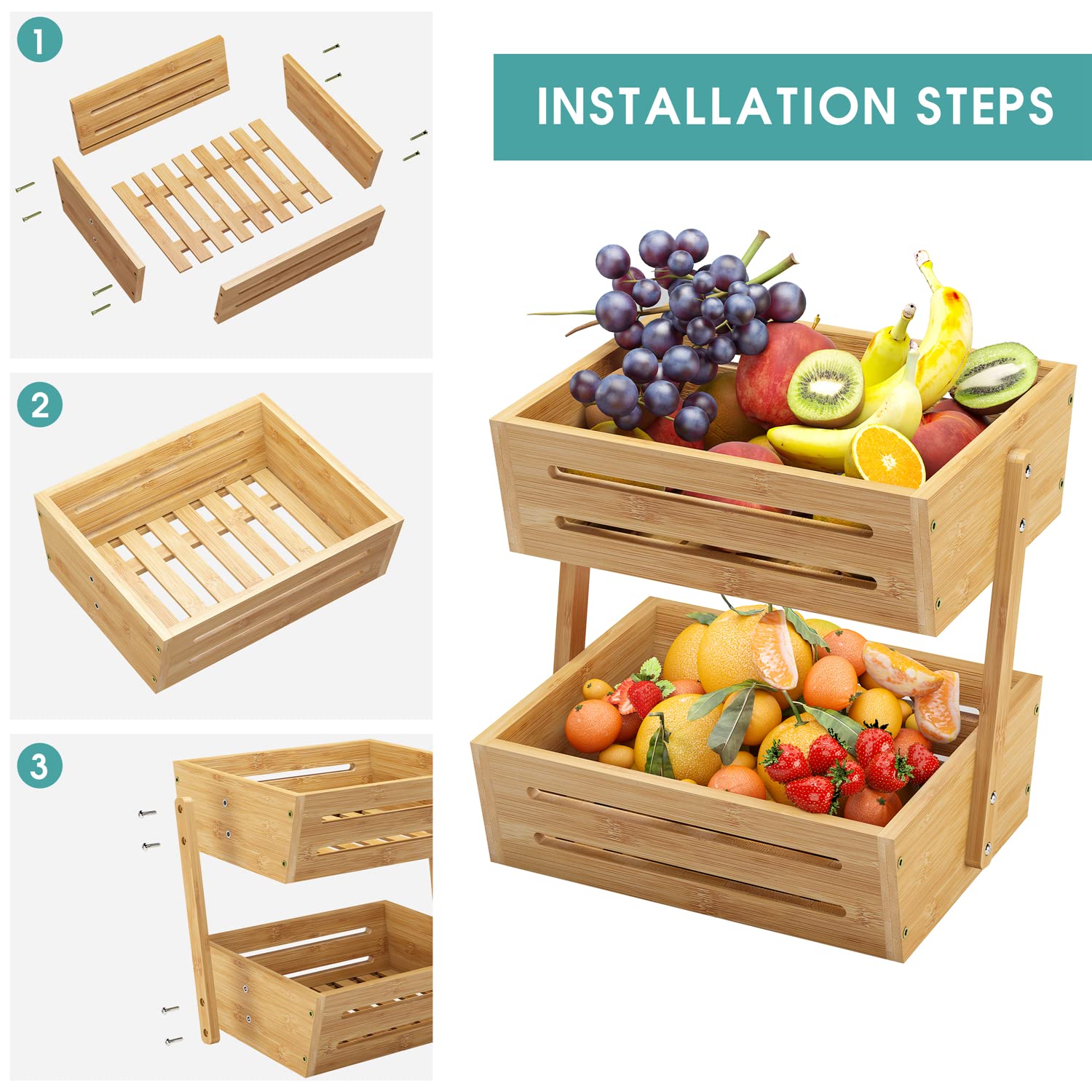 Vriccc Bamboo Fruit Basket, 2-Tier Fruit Bowl for Kitchen Counter, Large Capacity Vegetable Storage Holder, Countertop Organizing for Snacks Display
