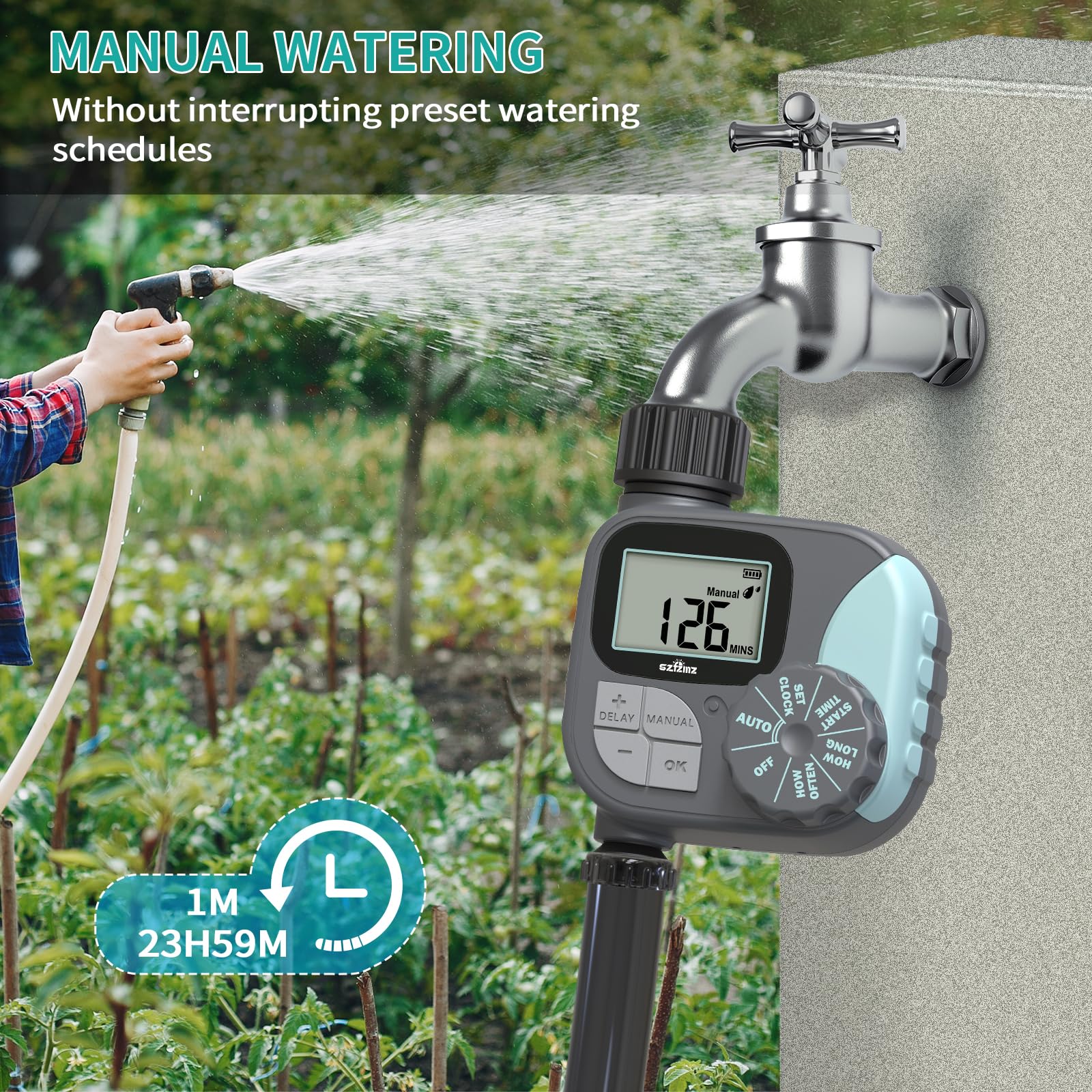 Sprinkler Timer, Hose Timer for Watering, Programmable Water Timer for Garden Hose, Irrigation Controller Timer for Outdoor Plants Lawn with Rain Delay/Manual/Automatic Watering System, 1 Outlet