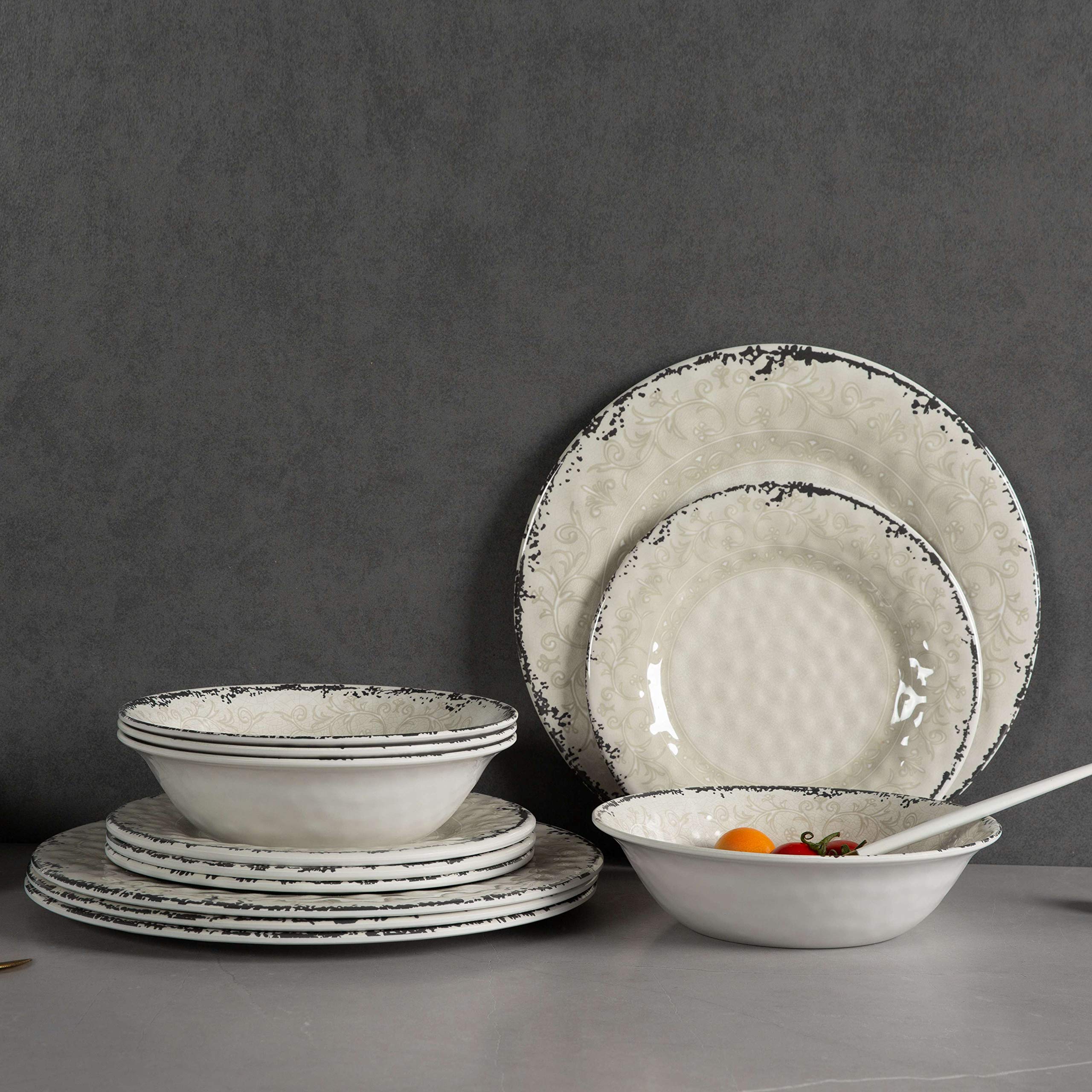 Melamine Dinnerware Sets for 4-12pcs Dinnerware Dishes Set,Plate and Bowl Set, Indoor and Outdoor Use, Dishwasher safe, Unbreakable, Light Grey