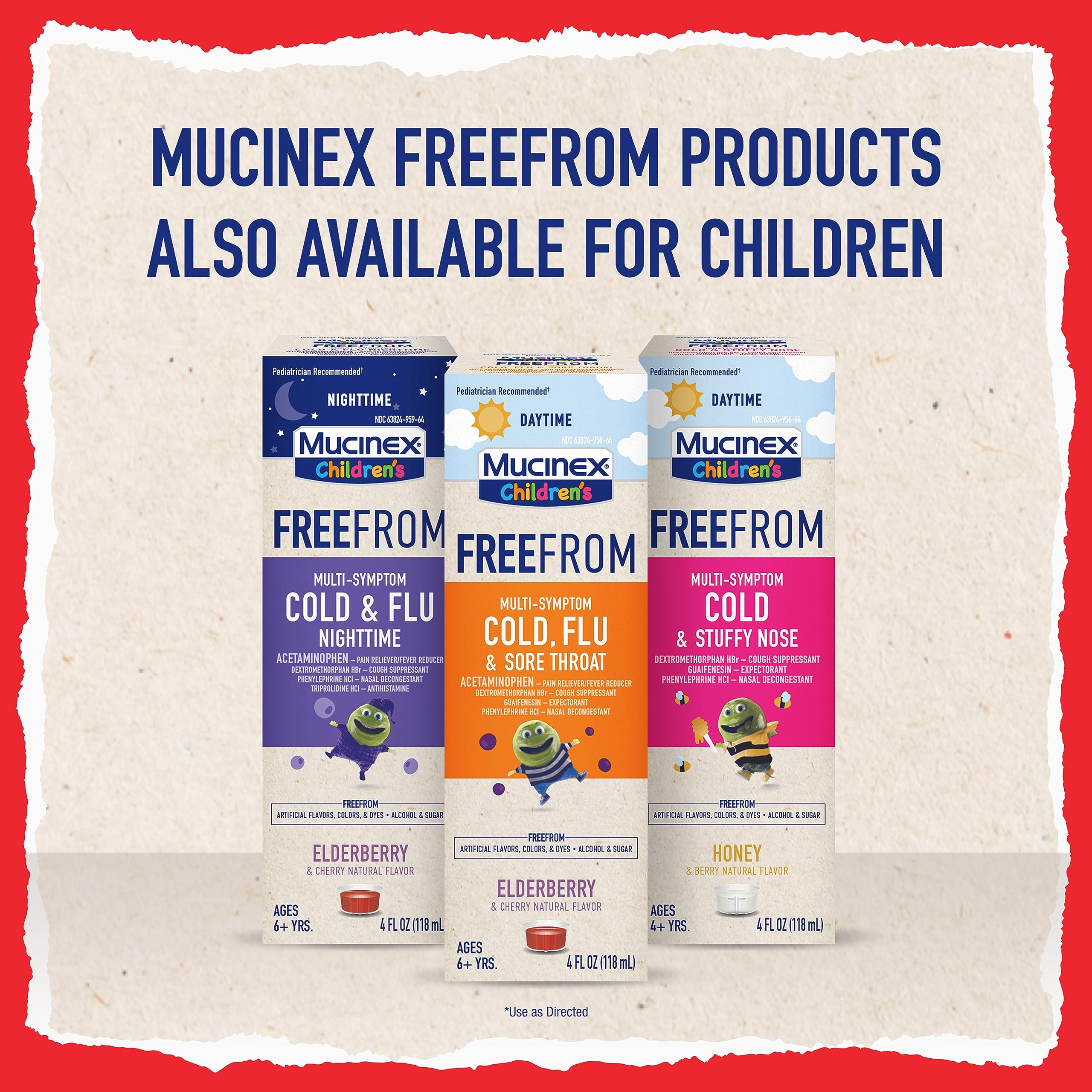 Mucinex FreeFrom Cold, Flu & Congestion, Multi-Symptom Relief, Cherry, 6 Fl Oz