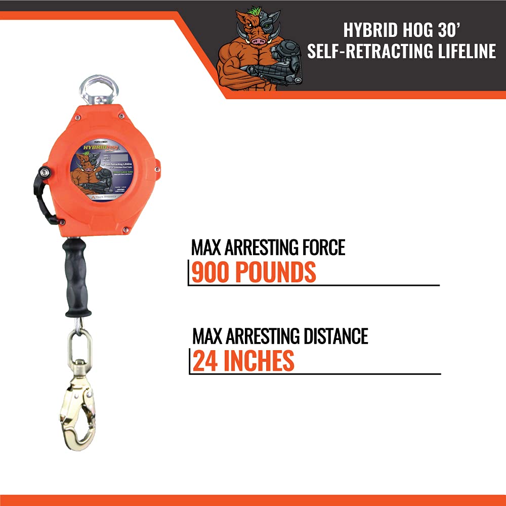 Malta Dynamics Hybrid Hog Self Retracting Lifeline 30' Class A & B, Quick-Action Braking System, YoYo Cable, Fall Protection Retractable Safety Lanyard - OSHA/ANSI Compliant Orange & Black