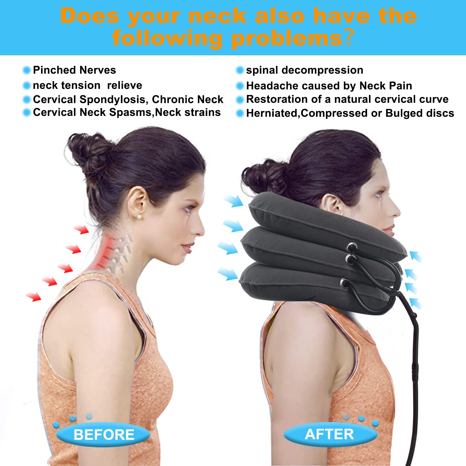 YongZan Cervical Neck Traction Device, Neck Stretcher for Neck Pain Relief, Adjustable Inflatable Neck Support Brace, Neck Traction Device for Use Neck Decompression, Correct Cervical Curvature - Grey