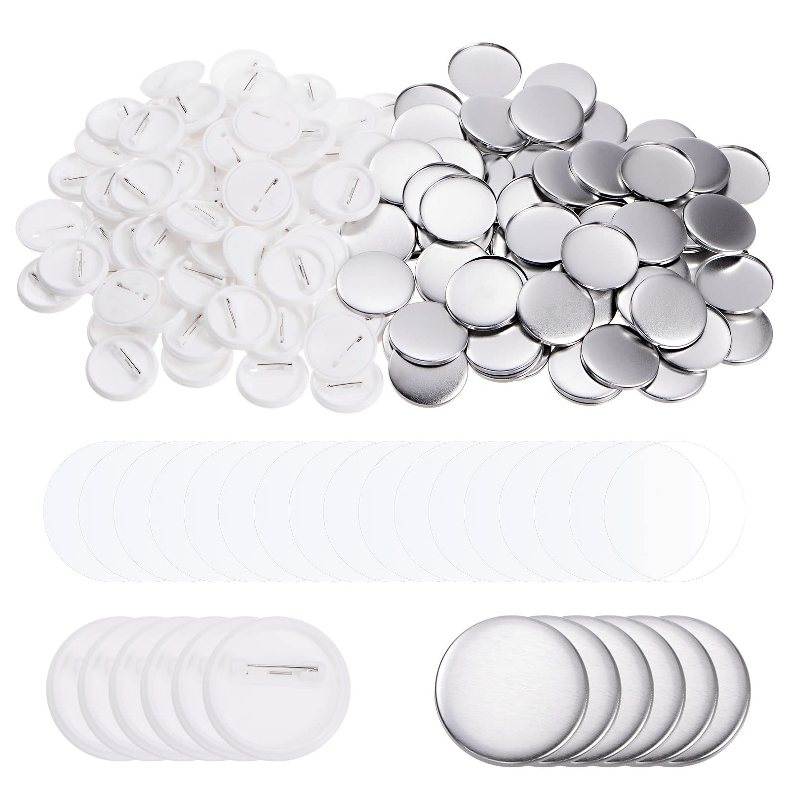 MECCANIXITY Blank Pin Back Button Parts, 32mm 1.26 Inch, 500 Set Sewing Buttons Round Metal Cover Plastic Button Back Clear Film for Button Maker Machine