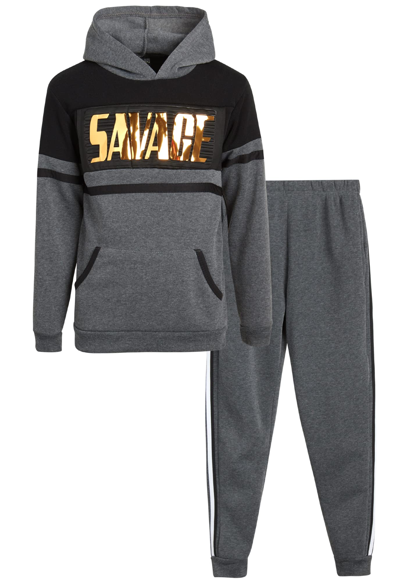 Quad Seven Boys’ 2 Piece Fleece Jog Set with Embossed Foil Hooded Sweatshirt and Jogger Pants, Size 12-14, Charcoal Savage