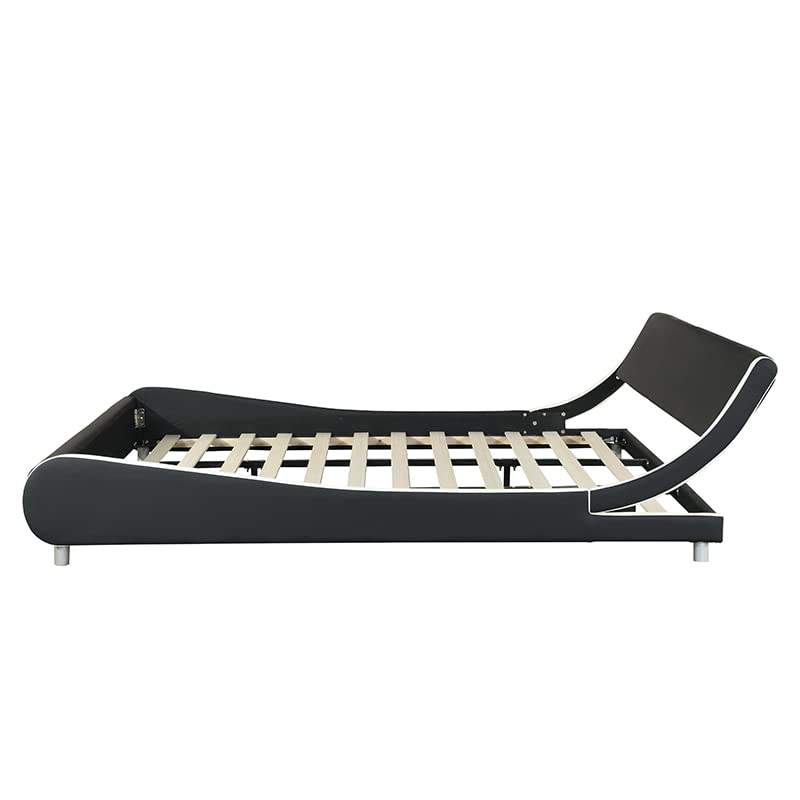 MegaChunk Faux Leather Upholstered Platform Bed Frame, King Size, Curve Design, Wood Slat Support, No Box Spring Needed, Easy Assemble, Black+White