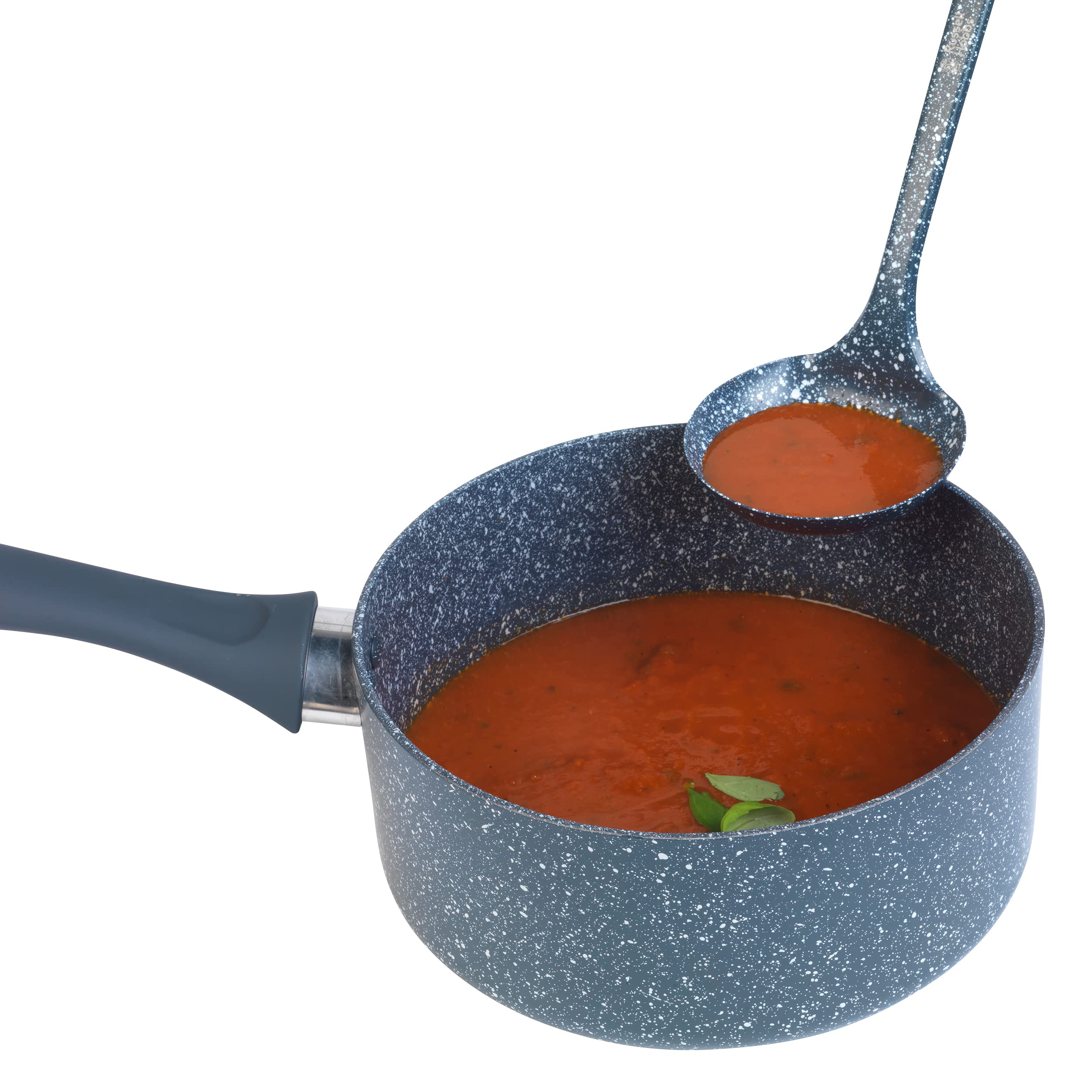 Russell Hobbs RH01401 5 Piece Kitchen Utensil Set, Stainless Steel, Non-Stick, Spatula, Spaghetti Server, Ladle, Slotted and Solid Spoon, Soft-Touch Handles, Nightfall Stone Collection, Blue Marble