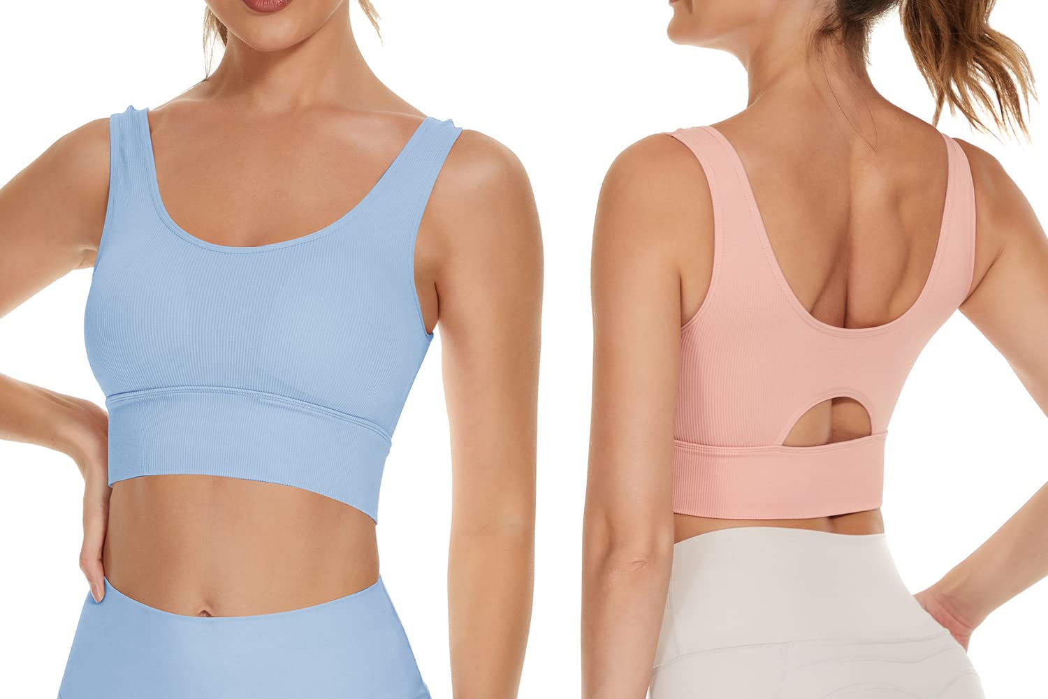 SEGRILA Women’s Sports Bra Ribbed Seamless Medium Support Workout Yoga Bras with Removable Pads,Pink+Purple+Blue,M