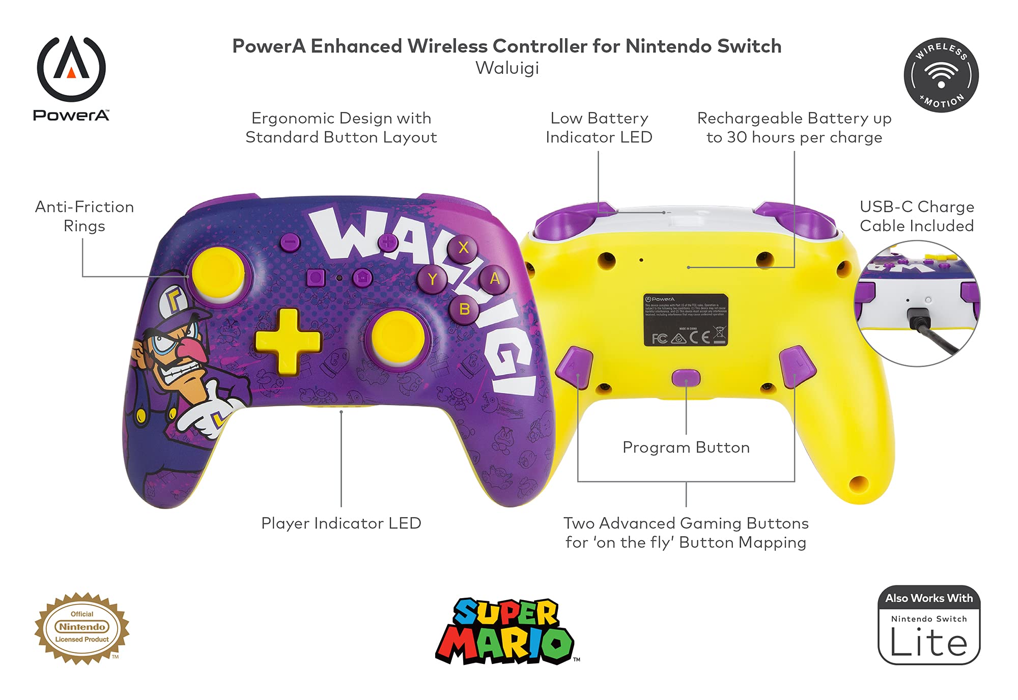 PowerA Enhanced Wireless Controller for Nintendo Switch - Waluigi, Nintendo Switch Lite, Gamepad, game controller, Bluetooth controller, rechargeable