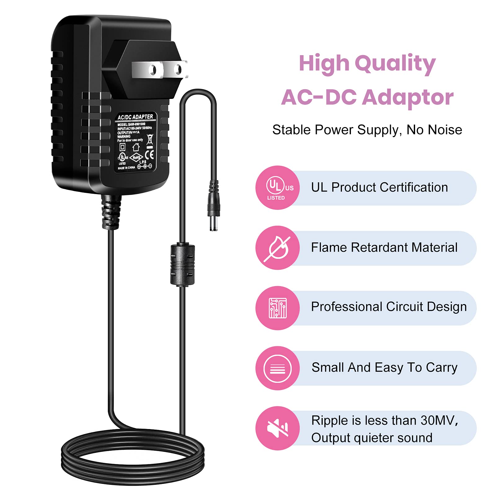 Pigtone Guitar Pedal Power Supply AC Wall Charger Adapter 9V DC 1A 1000mA Tip Negative 8 Way Daisy Chain Pedal Cables for Most Guitar Effect Pedals