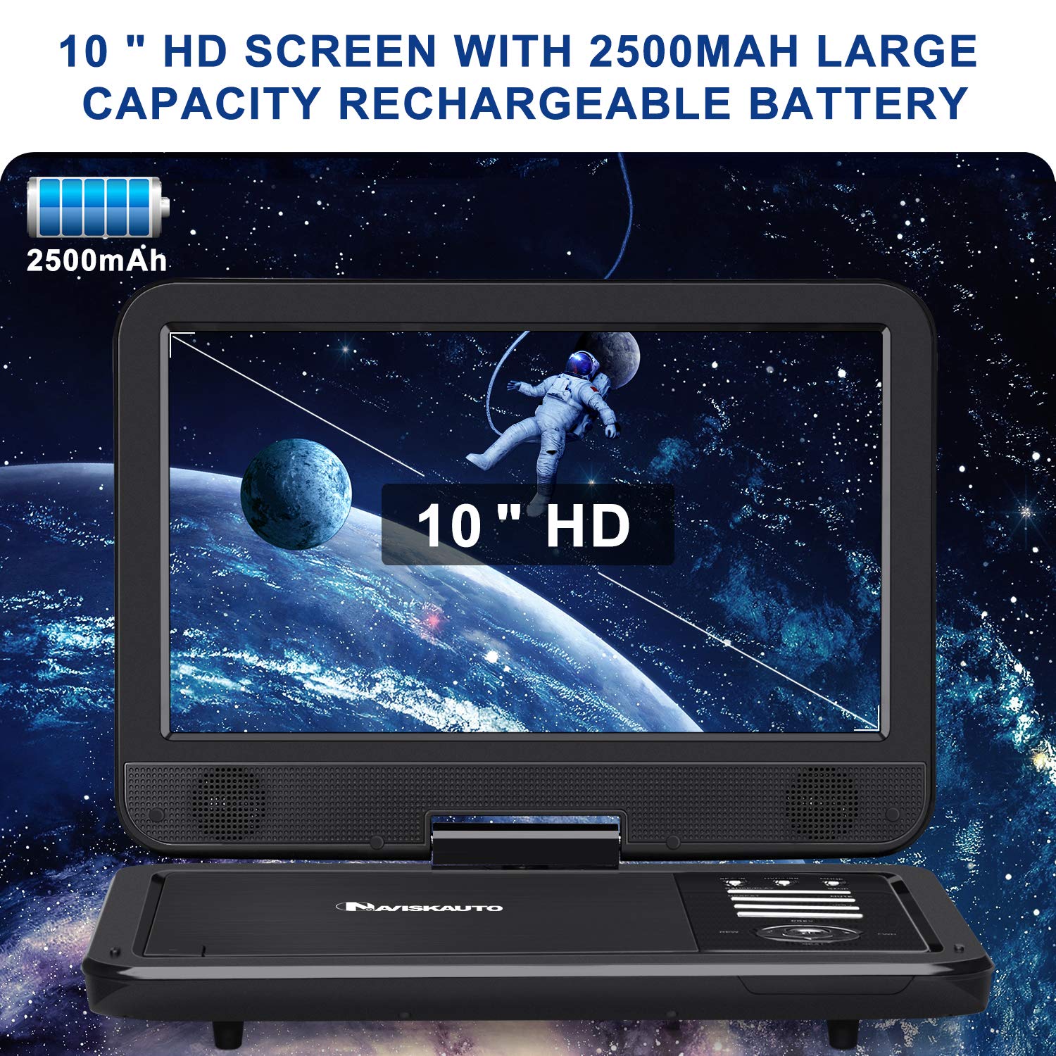 NAVISKAUTO 13" HD Portable DVD Player with HDMI Input, Swivel Screen, Rechargeable Battery, AV in/Out, Support 1080P Video