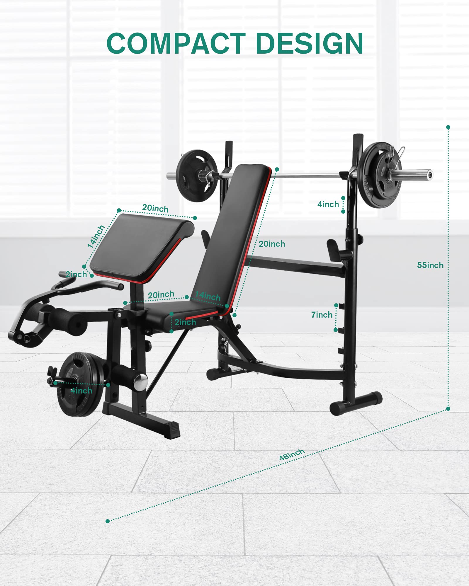 Olympic Weight Bench Adjustable Weight-Lifting Bed Exercise Bench Workout Bench with Squat Rack Leg Extension Preacher Curl Bench for Full Body Workout in Home Gym