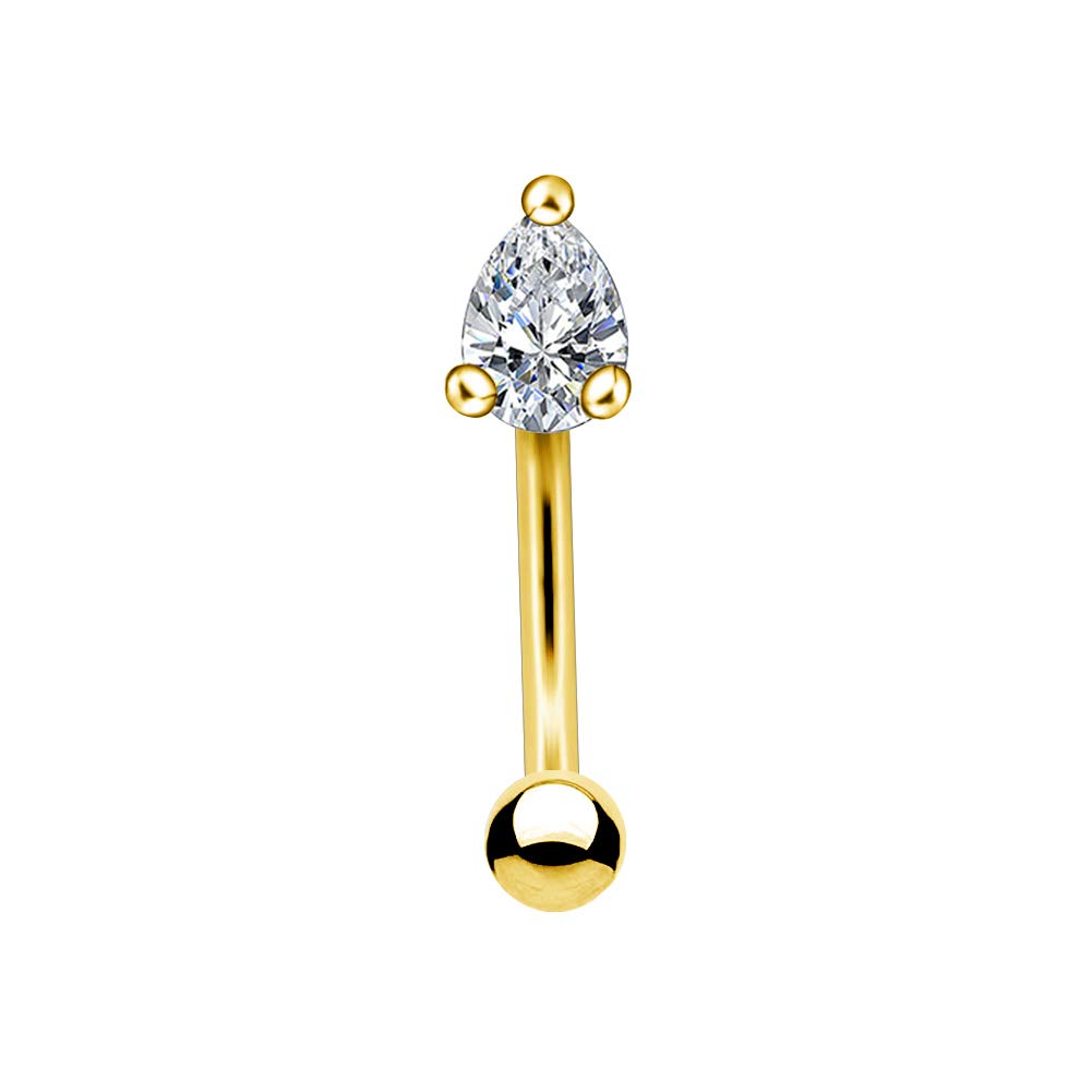OUFER 14K Solid Gold Rook Earring Teardrop CZ Prong Set Top 16ga Eyebrow Curved Rings Rook Piercing