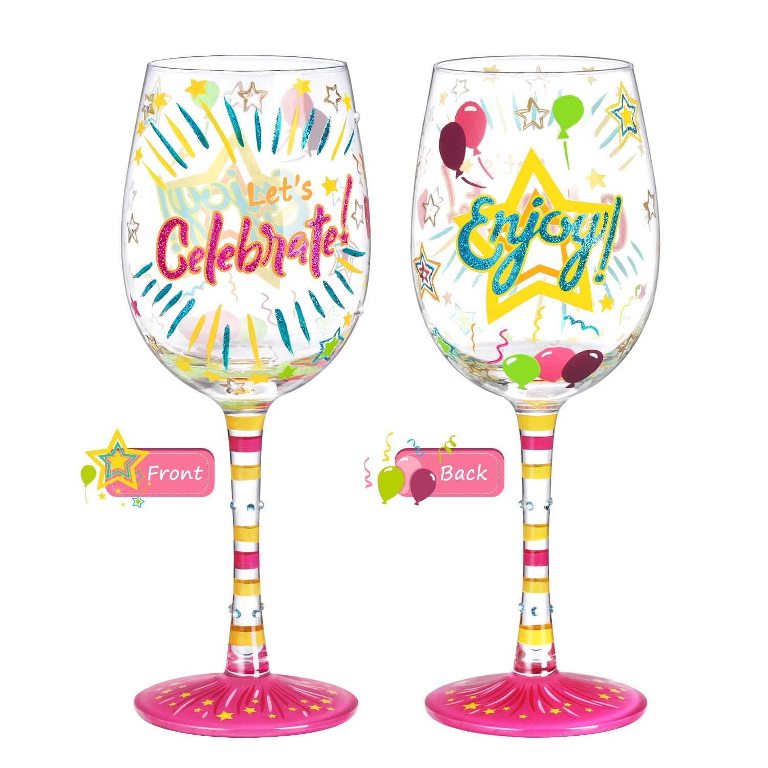 NymphFable Hand Painted Birthday Wine Glass Let‘s Celebrate Birthday Party Decorative Wine Glasses Birthday Gift for Women, 15oz