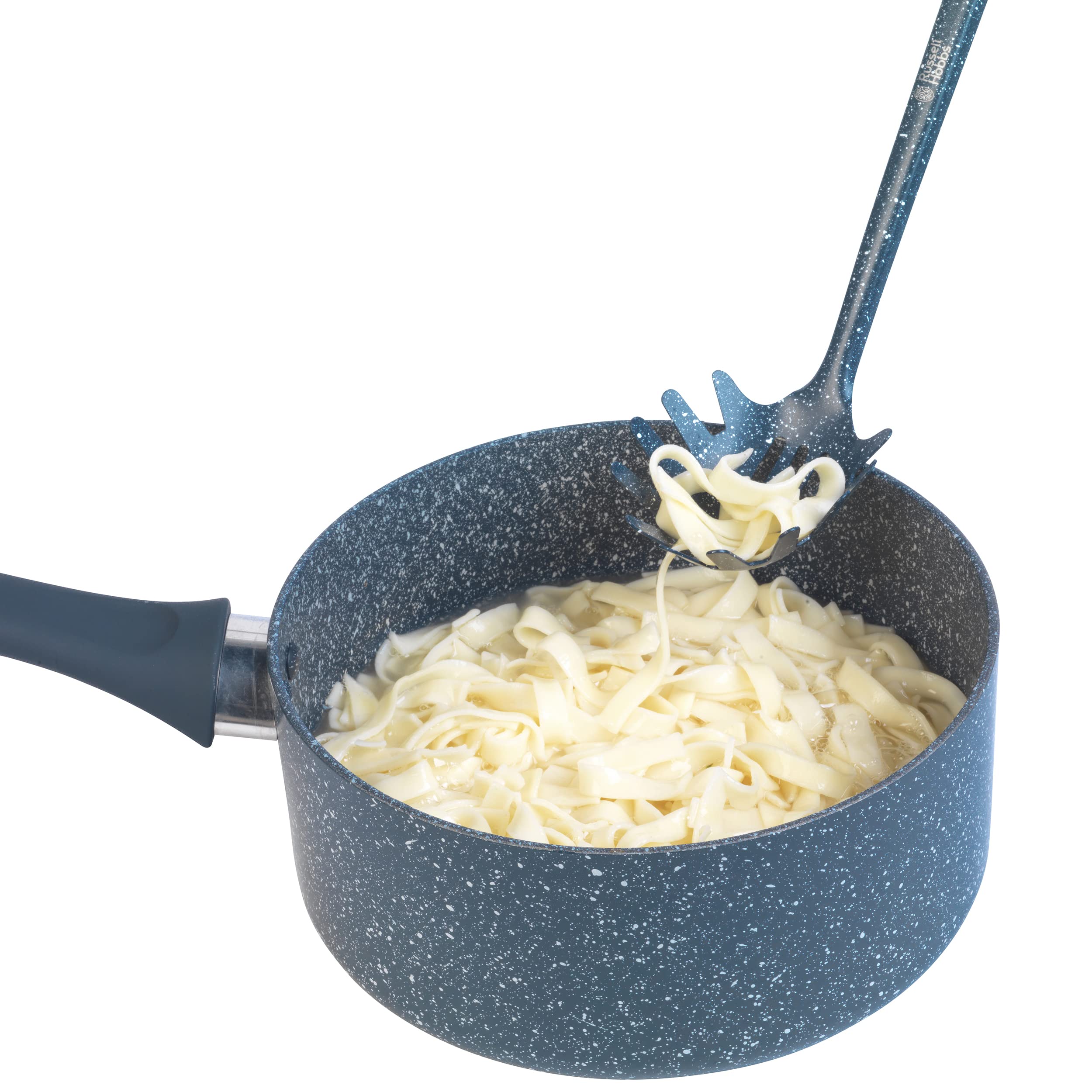 Russell Hobbs RH01401 5 Piece Kitchen Utensil Set, Stainless Steel, Non-Stick, Spatula, Spaghetti Server, Ladle, Slotted and Solid Spoon, Soft-Touch Handles, Nightfall Stone Collection, Blue Marble