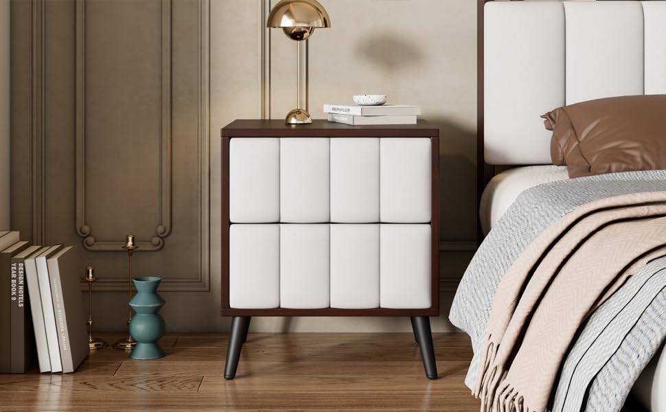 Modern Nightstand with 2 Drawers,Wood+Linen Bedside Table with Classic Design,Side Table for Bedroom,Living Room(Walnut+Beige)