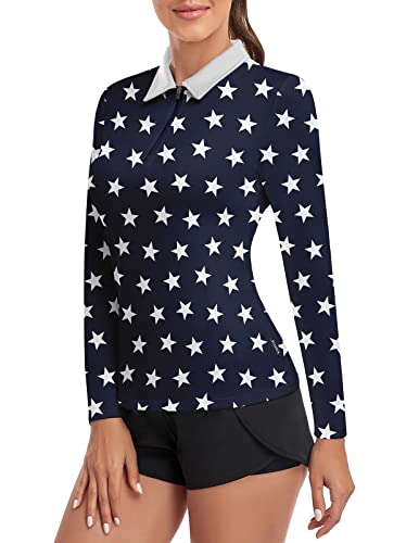 Soneven Womens Long Sleeve Golf Shirt Printed Polo Tennis Shirts Moisture Wicking Athletic Sport Golf Tops