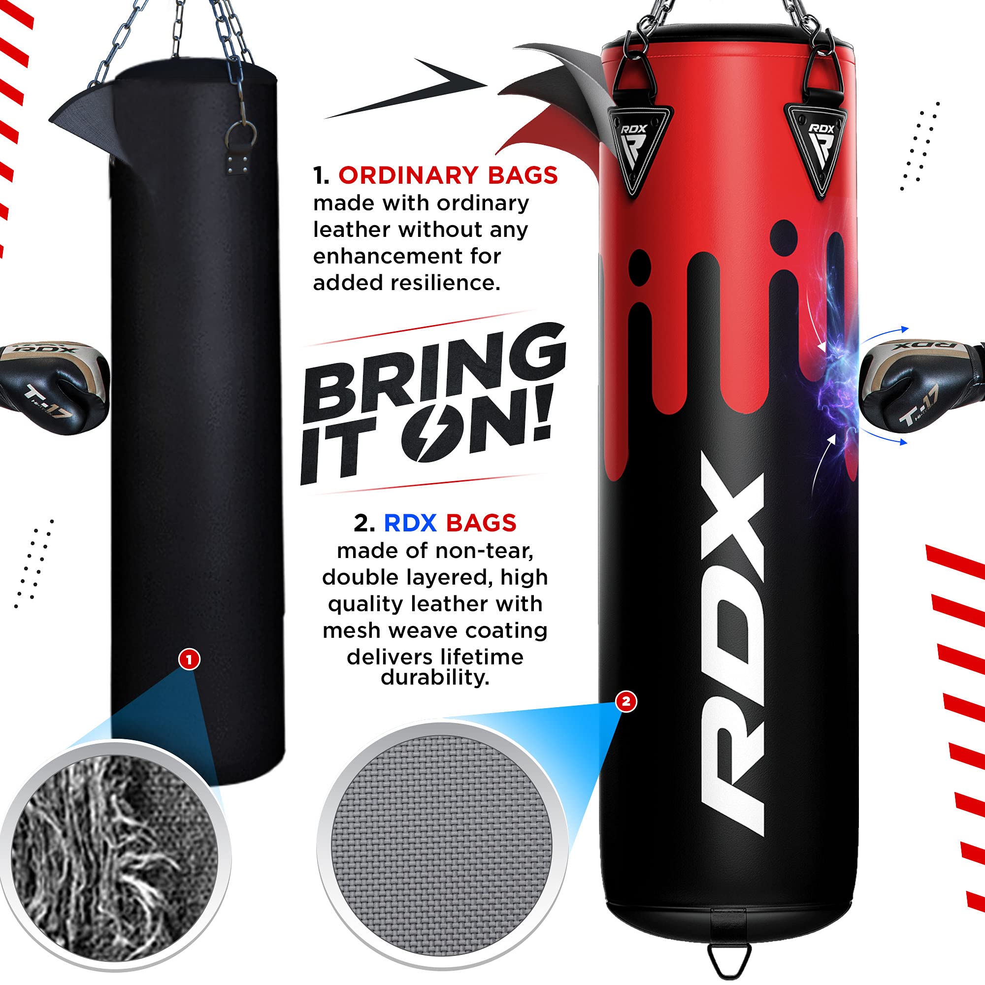 RDX Punching Bag UNFILLED Set Muay Thai Training Gloves with Punch Mitts Hanging Chain, Great for MMA, Kick Boxing, Martial Arts, Available in 4FT 5FT (4ft)