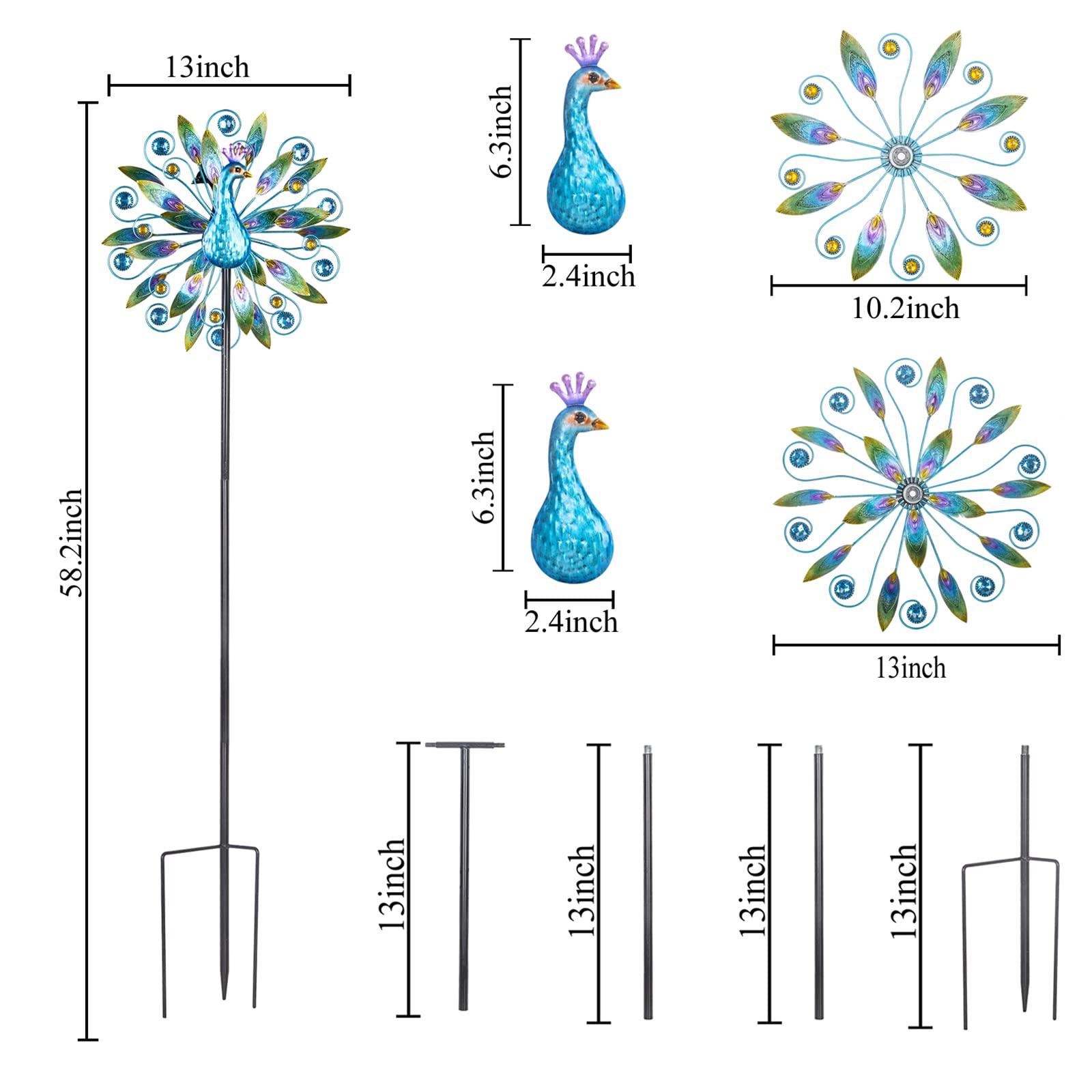 Stargarden 58 Inch Peacock Wind Spinner-Double Wind Sculpture Metal Windmill for Garden Patio Yard Decor