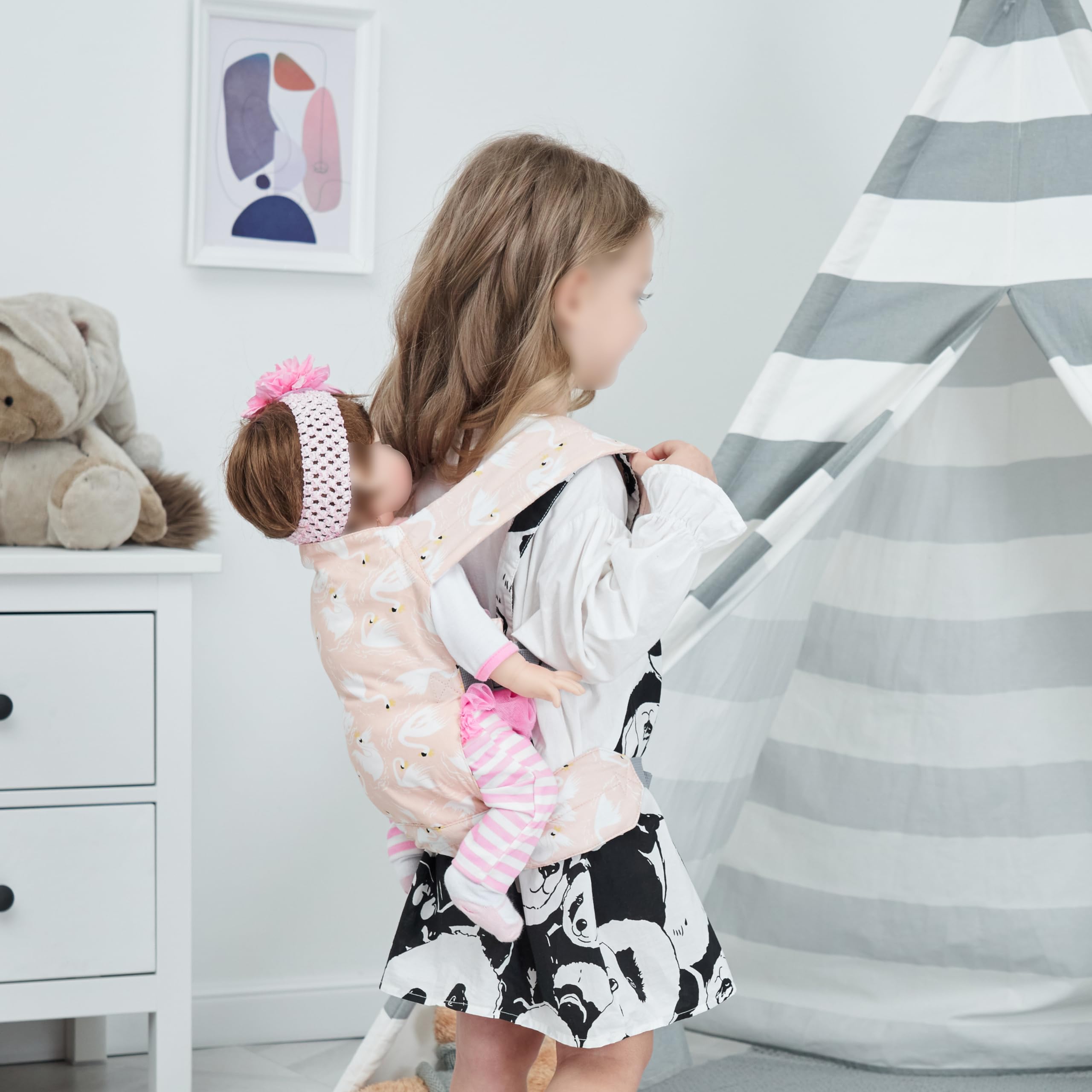 XADP Doll Carrier Backpack Front and Back Carrier Filled Animal Carriers for Little Girls, Doll Accessories,Pink Swan