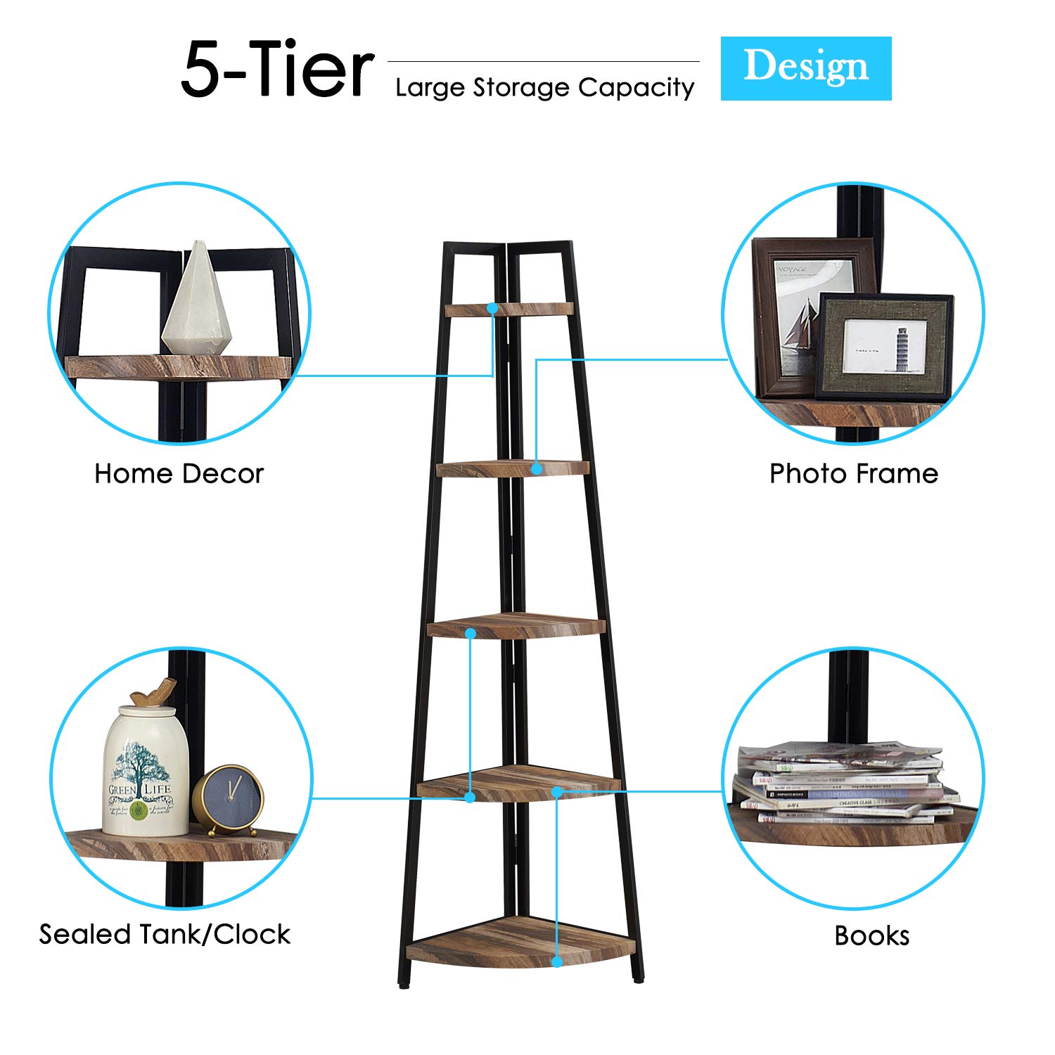 O&K FURNITURE 5 Shelf Industrial Corner Bookcase and Shelf, A-Shaped Display Corner Storage Rack Bookshelf-70-Inch, Oak Finish