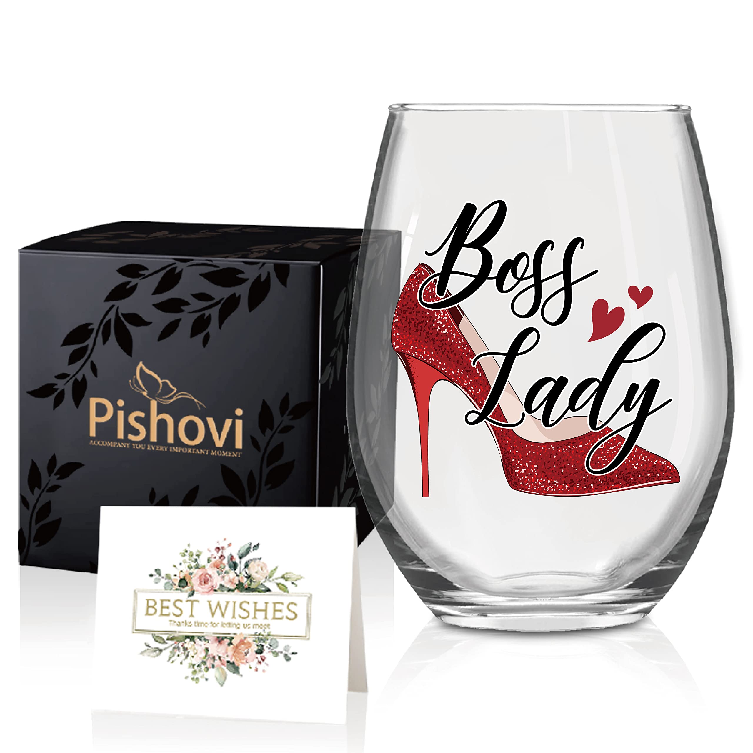 Pishovi Boss Lady Wine Glass with Gift Box, Funny Stemless Glass, Unique Gift for Women, Christmas Birthday New Job Gift for Female Entrepreneur Lady Boss, Coworker, Mom, Girl