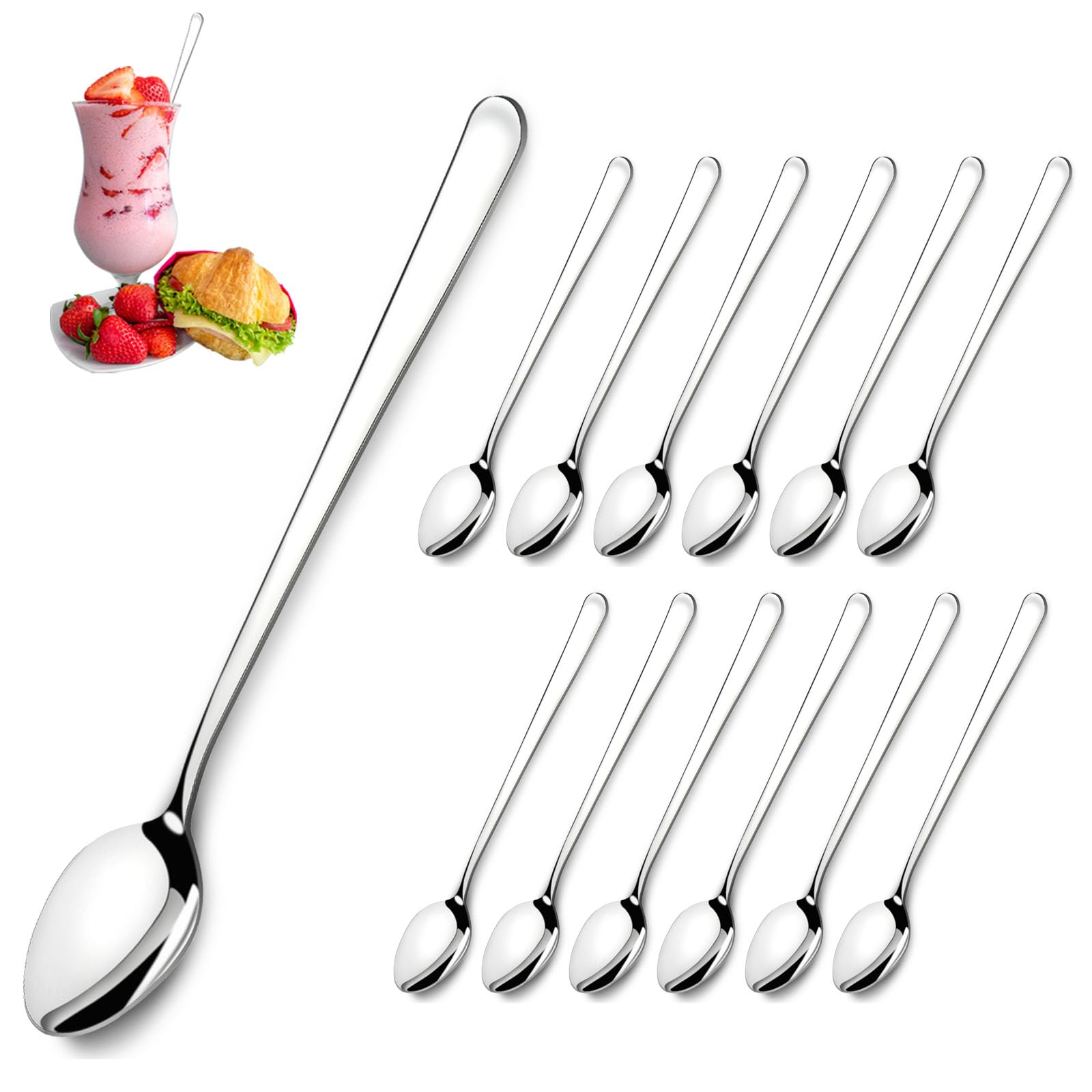 Pleafind 12-PCS Long Spoon (7.9 inch), Long Handle Iced Tea Spoons, Coffee Spoon, Ice Cream Spoon, Stainless Steel Stirring Spoon, Long Spoons for Shakes Cocktail Stirring Coffee Cold Drink